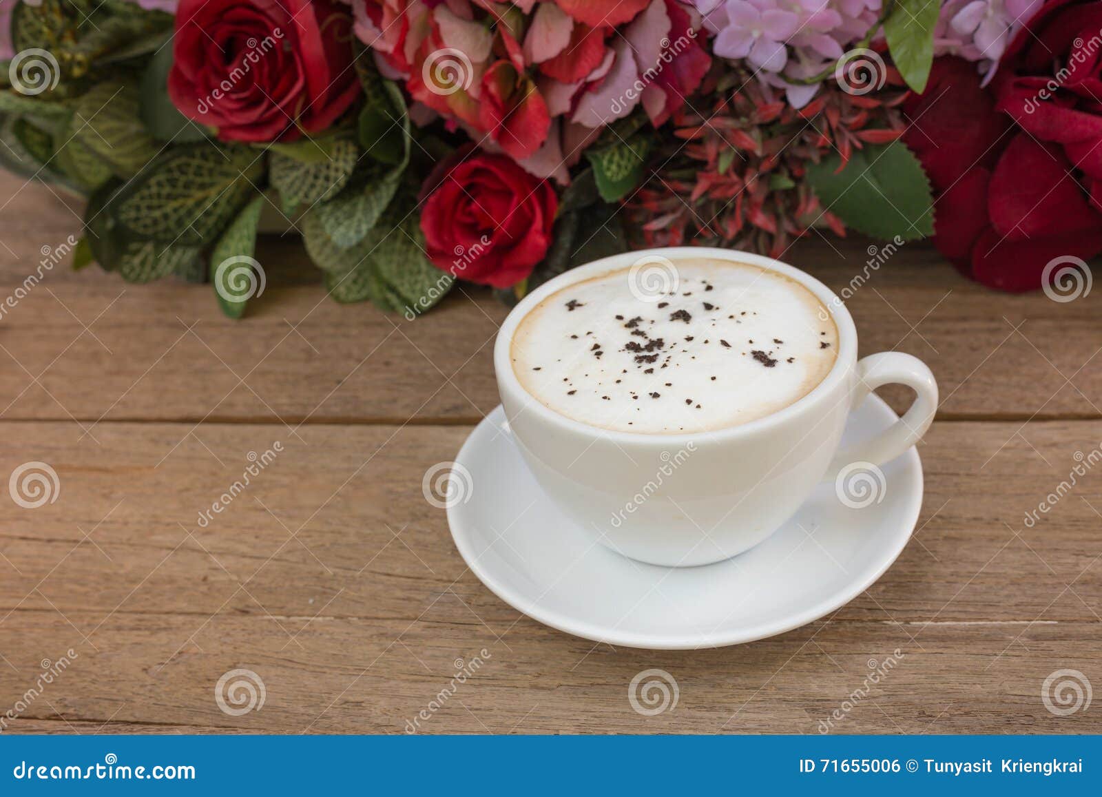 Coffee cup on wood table stock photo. Image of closeup - 71655006
