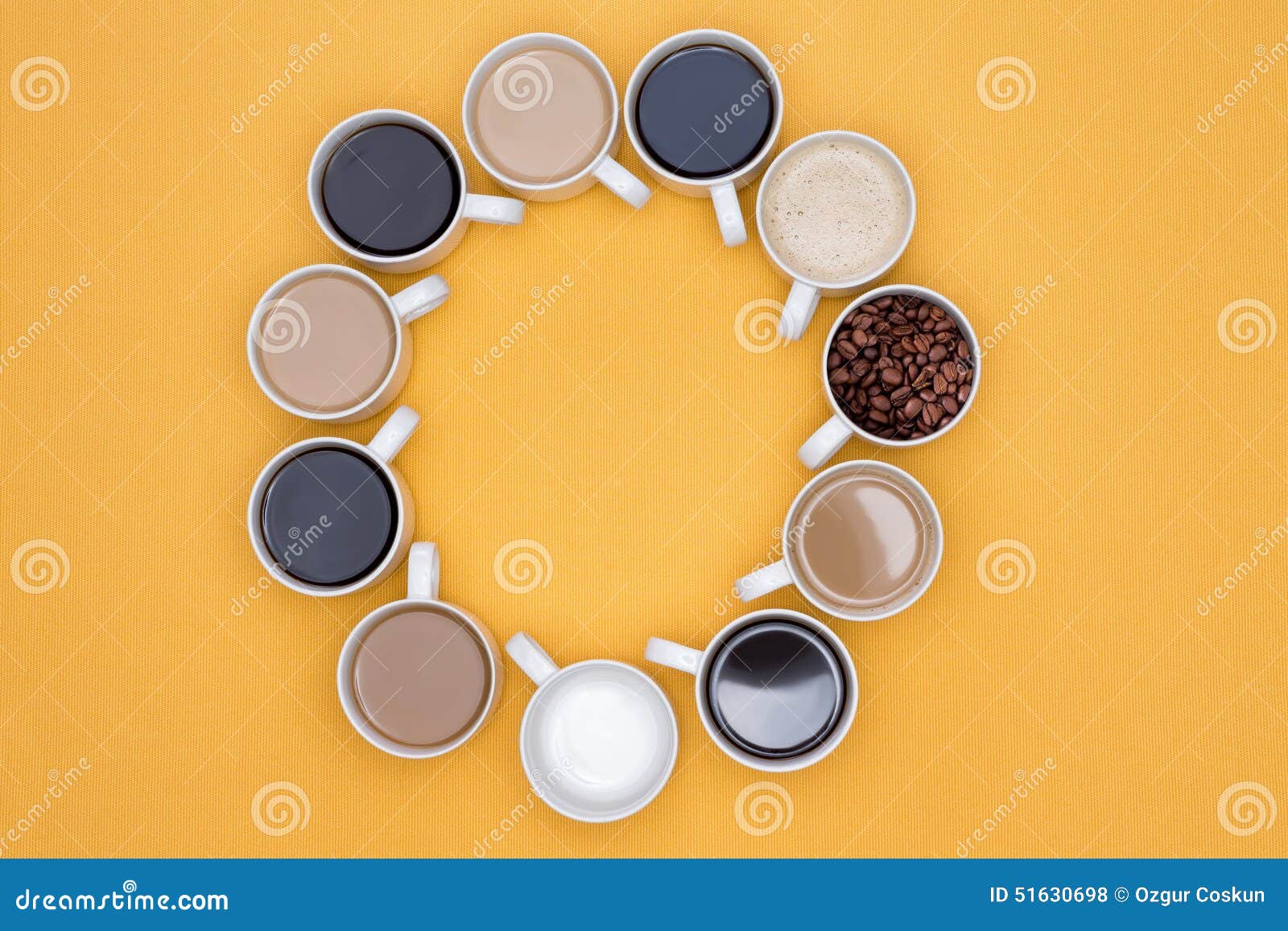 Coffee Cups Arranged in Circle Isolated on Yellow Stock Photo - Image ...