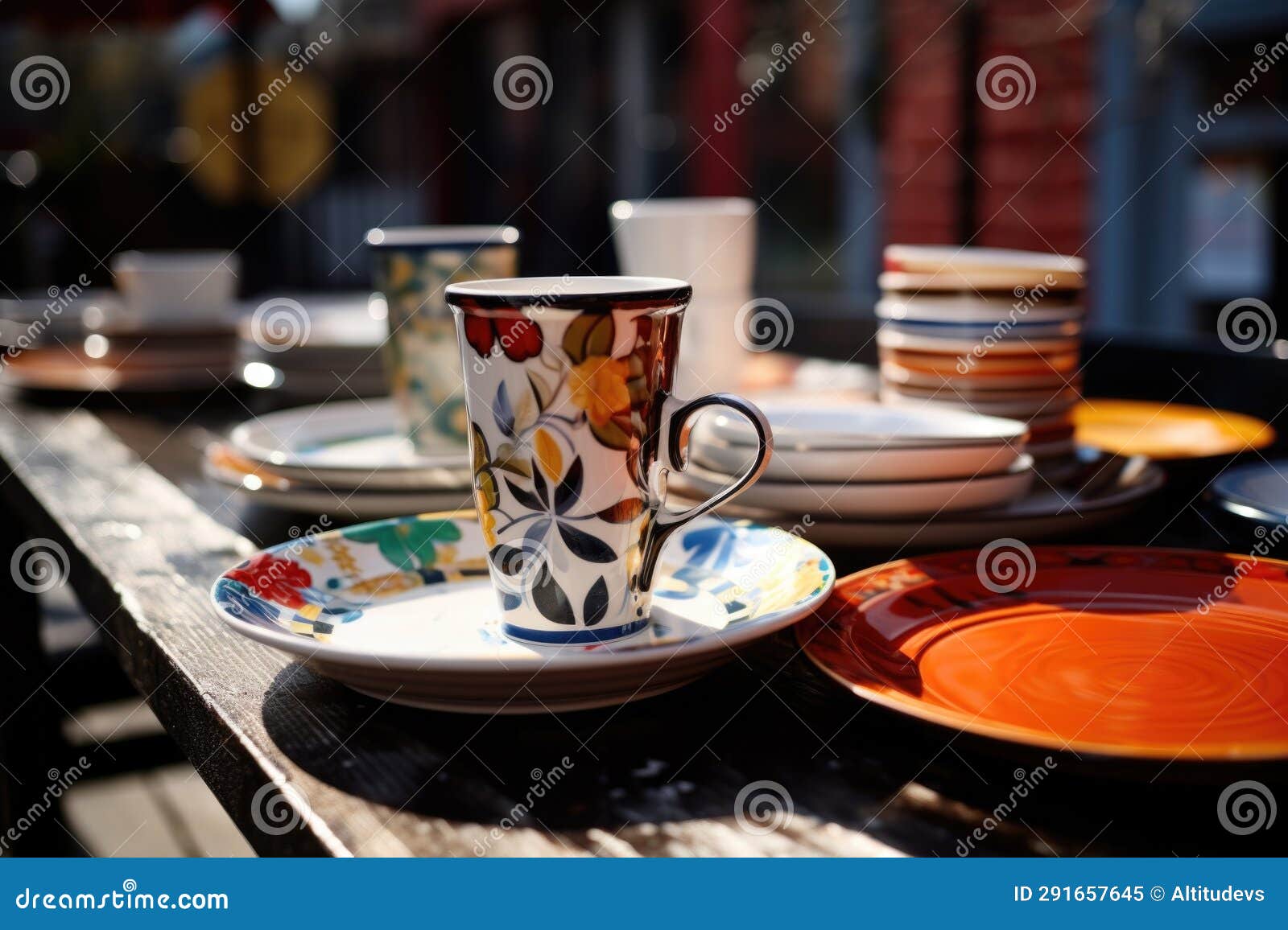 Coffee Cups and Plates on a Cafe Table Stock Image - Image of meal ...