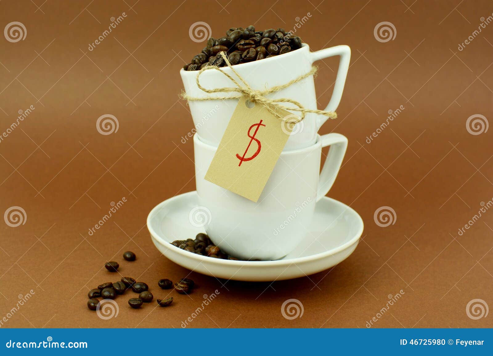 Coffee Cups and Saucer with a Bow Coffee Beans and Dollar Sign Stock ...