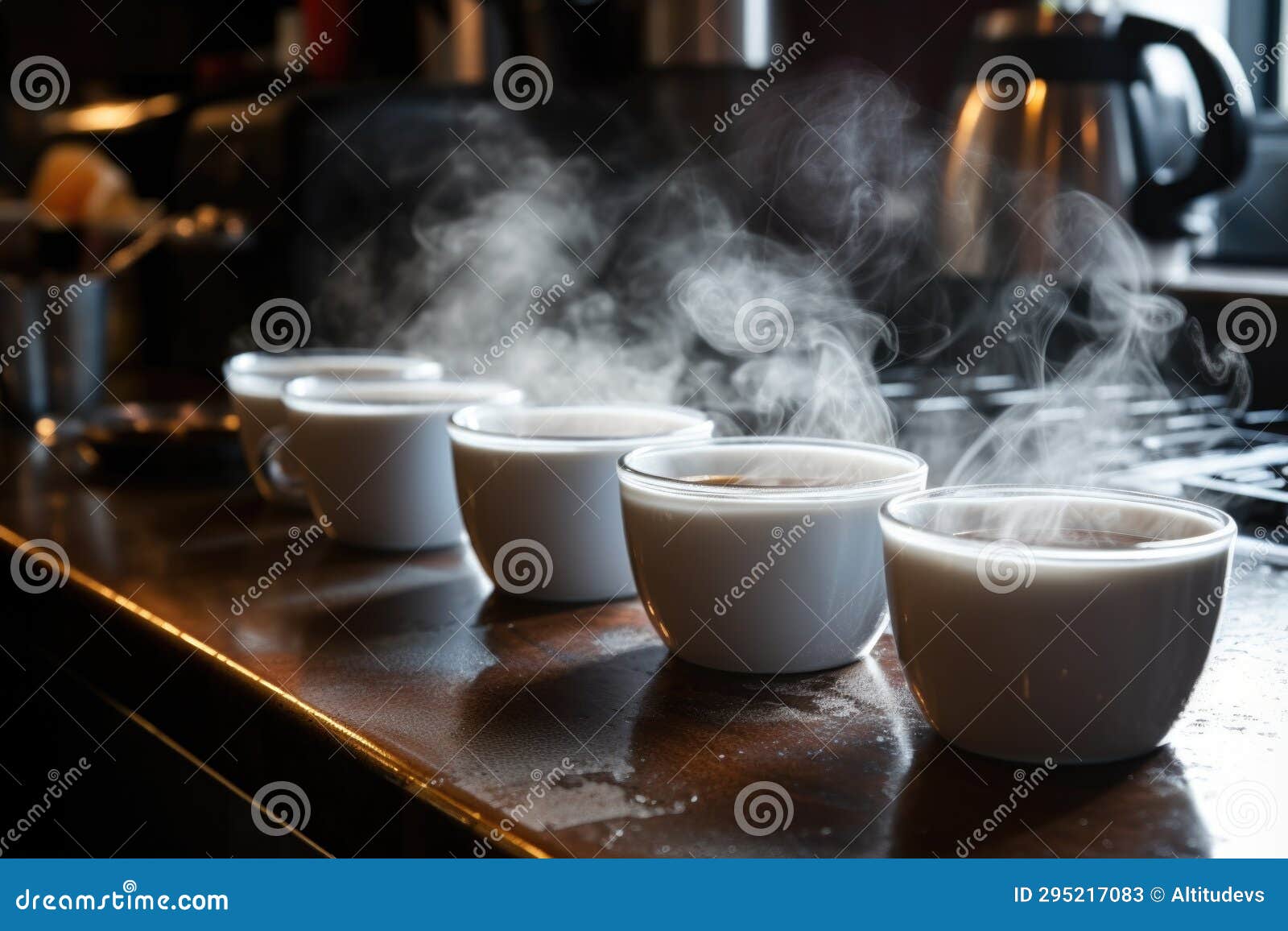 Coffee Cups with Steam on a Counter Stock Image - Image of counter ...