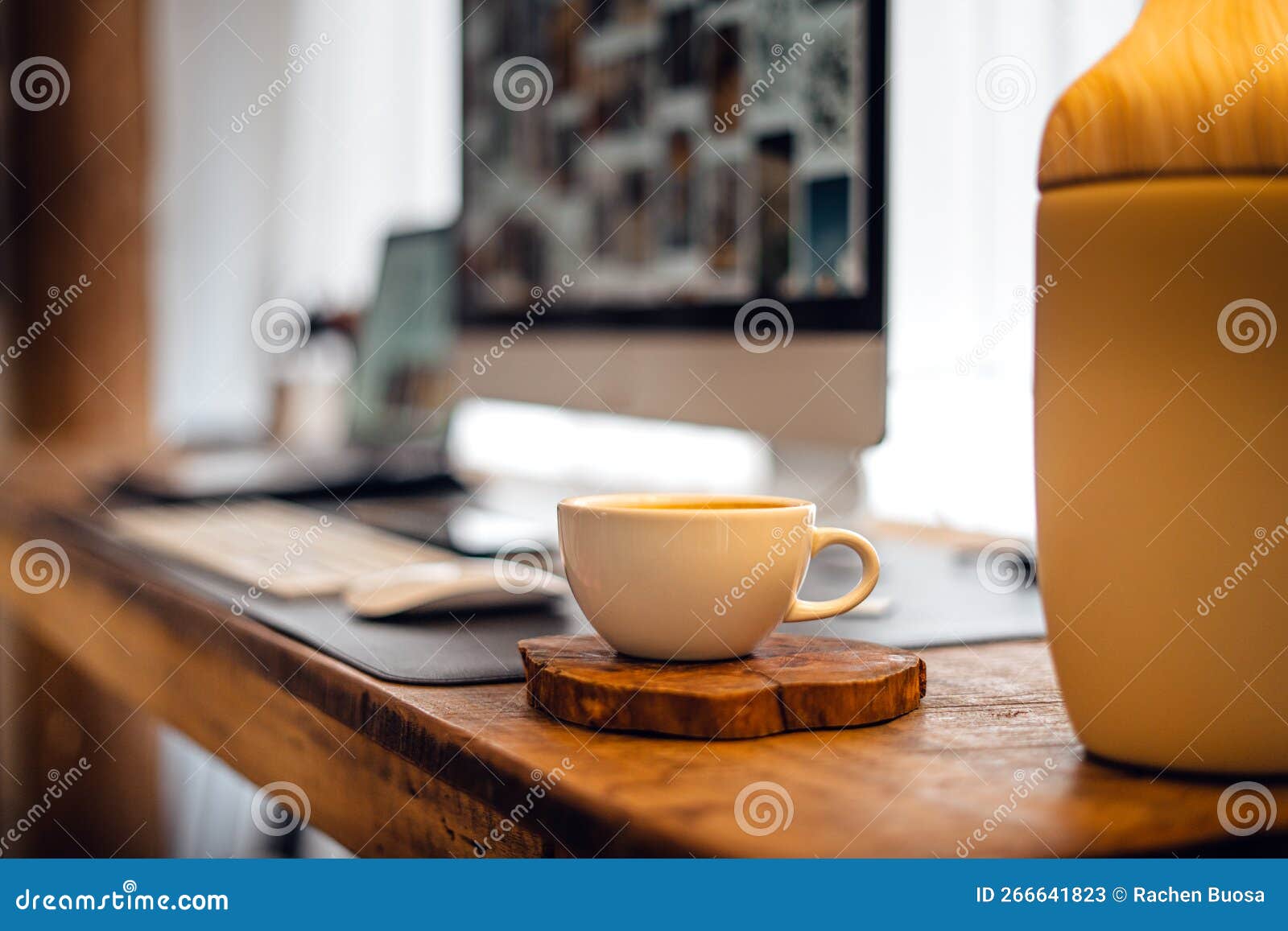 Coffee on desk at home stock image. Image of home, cozy - 266641823