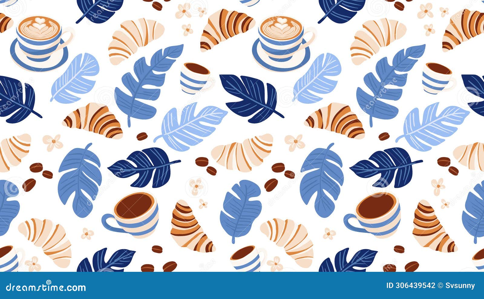 Coffee Desserts Croissant Seamless Pattern. Tropical Theme Stock Vector ...