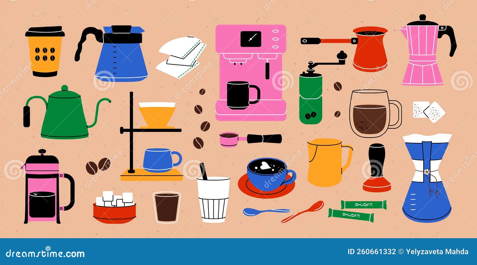 Coffee Devices. Cartoon Coffee Machine Server French Press Kettle Mug ...