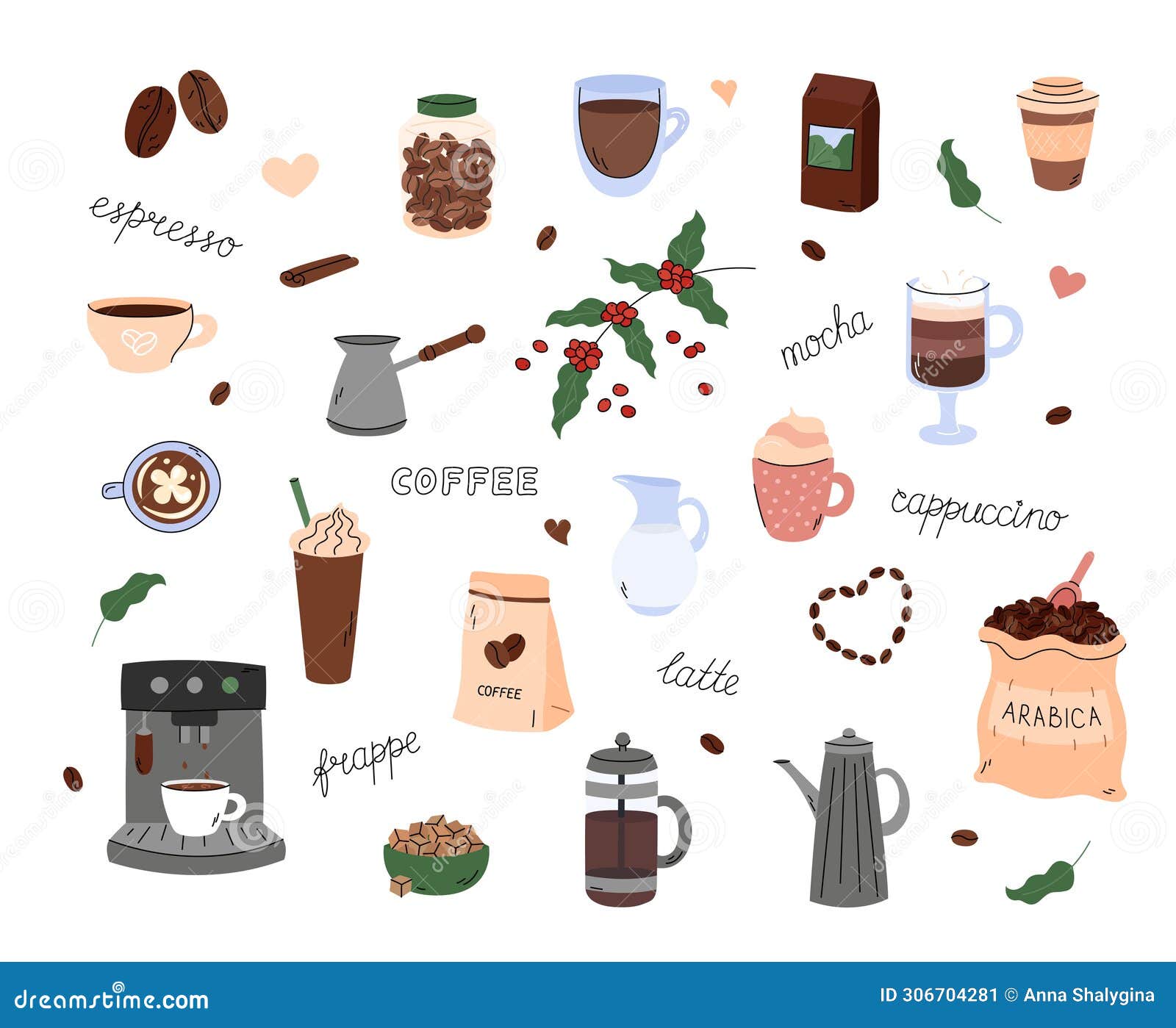 Coffee Doodles Vector Set. Cute Cartoon Design Elements. Simple Hand ...