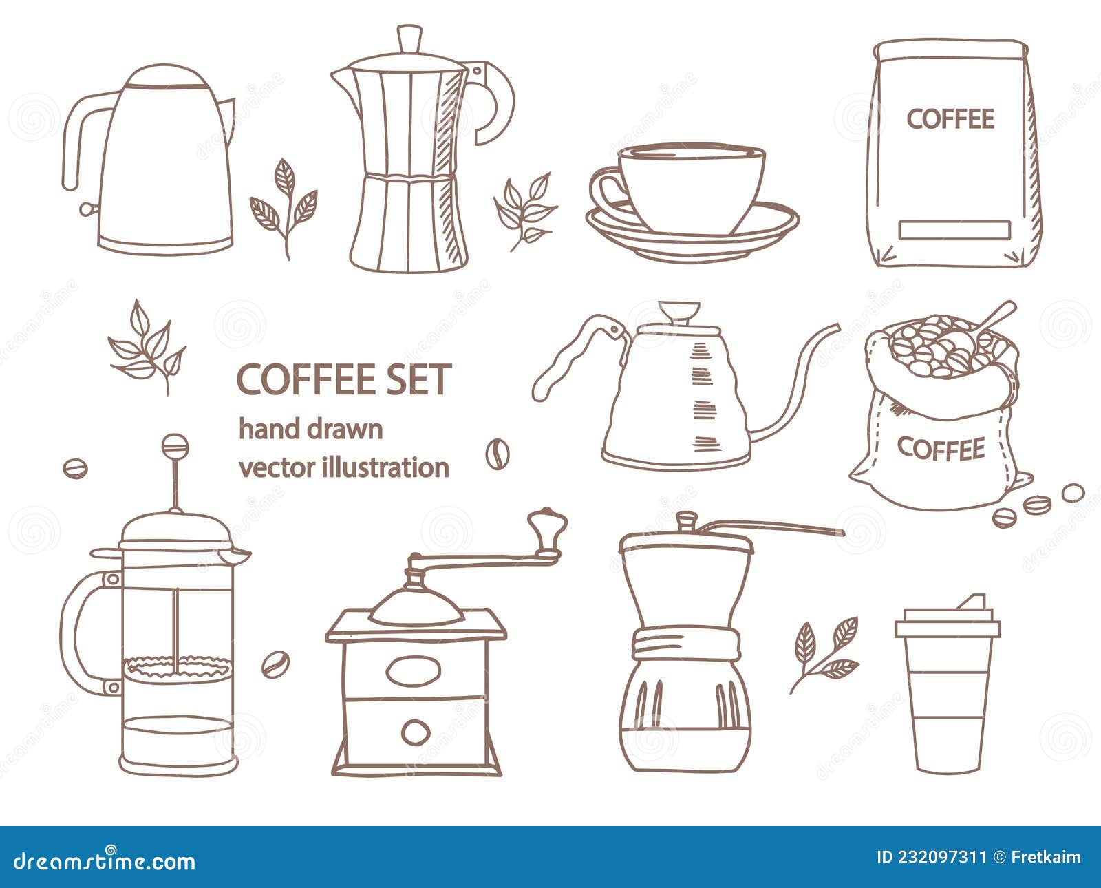 Hand Drawn Vector Coffee Set. Sketch Coffee Maker, French Press, Cup ...