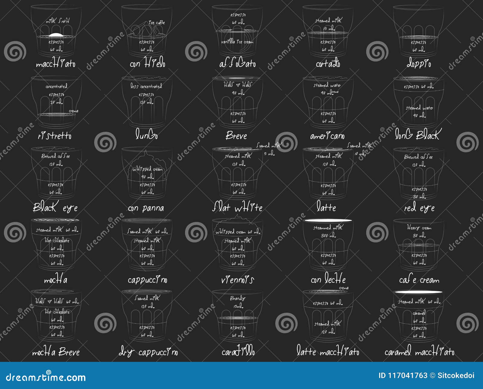 Coffee Drinks in Hand Drawing Style on Two Tone Stock Vector ...