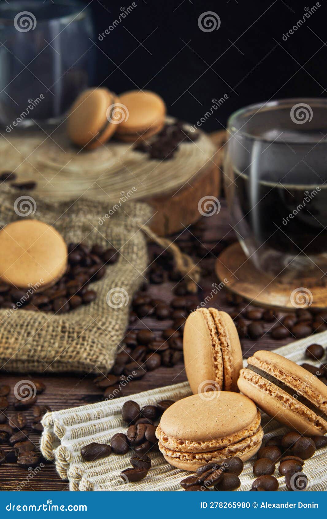 Coffee Flavor Macarons with Coffee Beans and Cups of Coffee Stock Photo ...