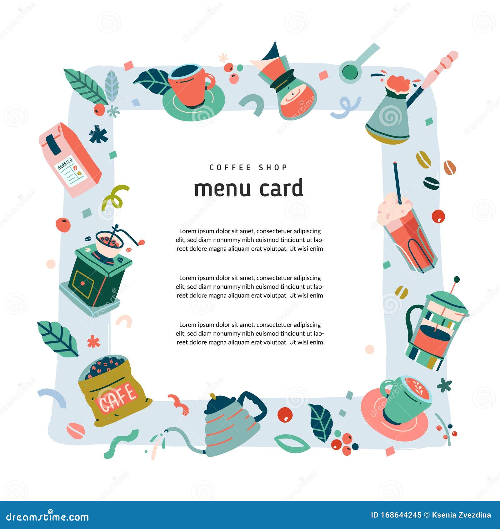 Coffee Frame Template, Colorful Vector Illustrations of Coffee Tools ...