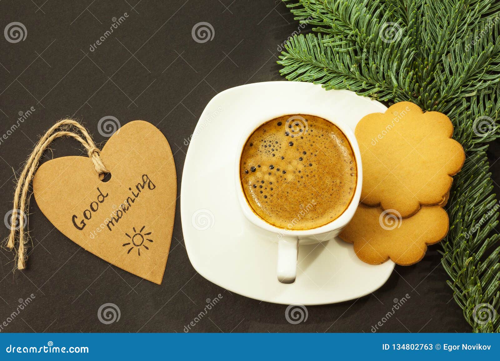 Coffee and Gingerbread Cookies on a Dark Table, Good Morning Concept ...