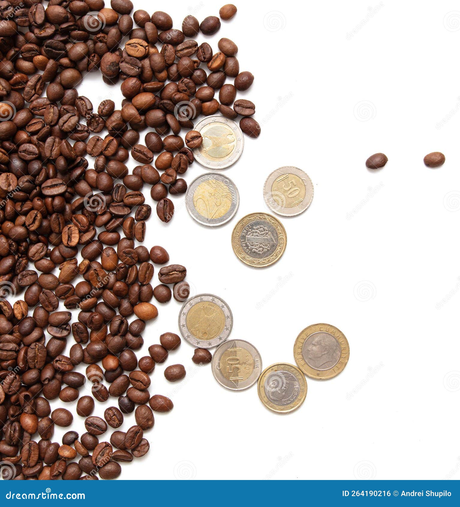 Coffee Grains with Coins on a White Background. Stock Photo - Image of ...