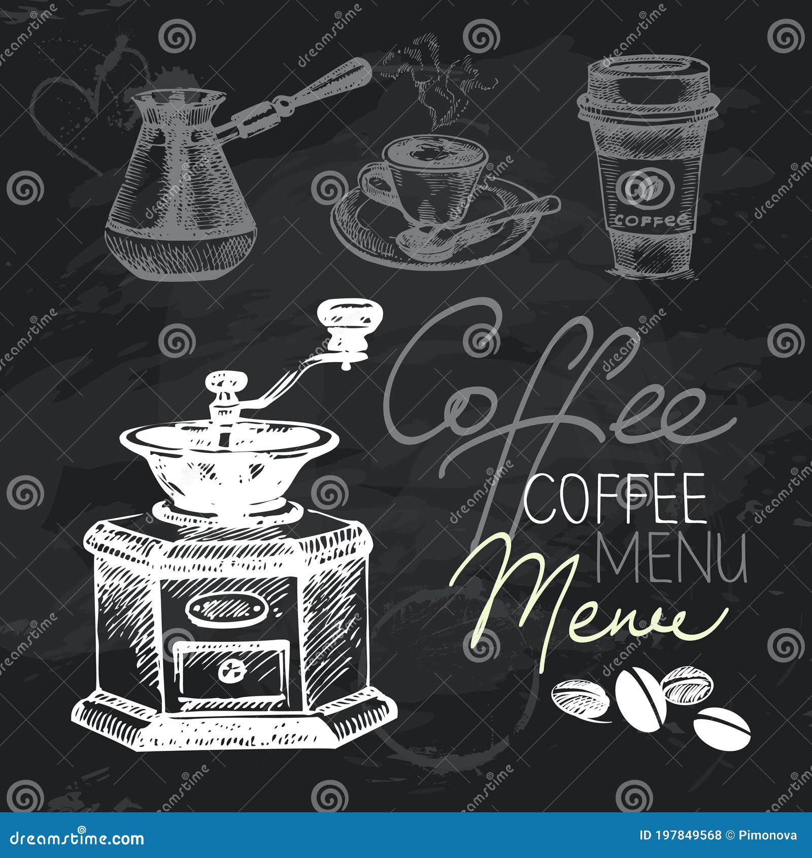 Coffee Hand Drawn Chalkboard Design Set. Black Chalk Texture Stock ...