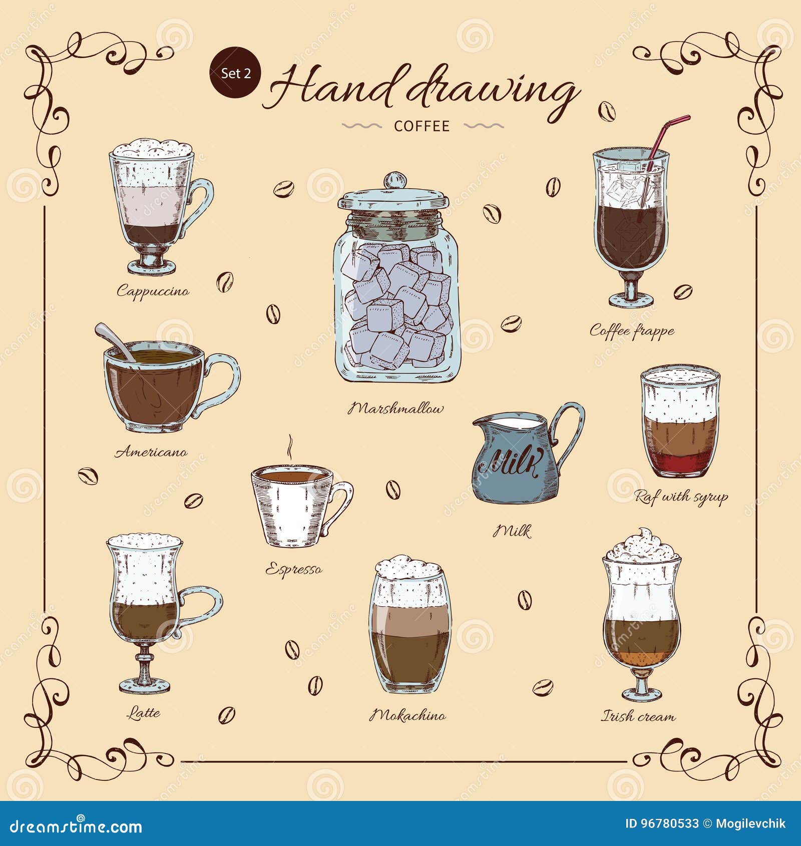 Coffee Hand Drawn Colored Set Stock Vector - Illustration of glass ...