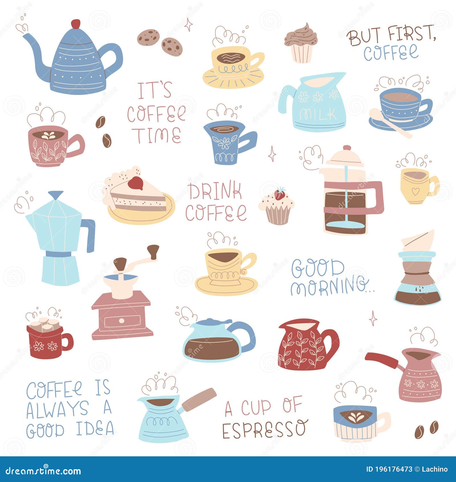 Cups And Cakes Line Illustrations Set. Hand Drawn Sweets And Coffee ...