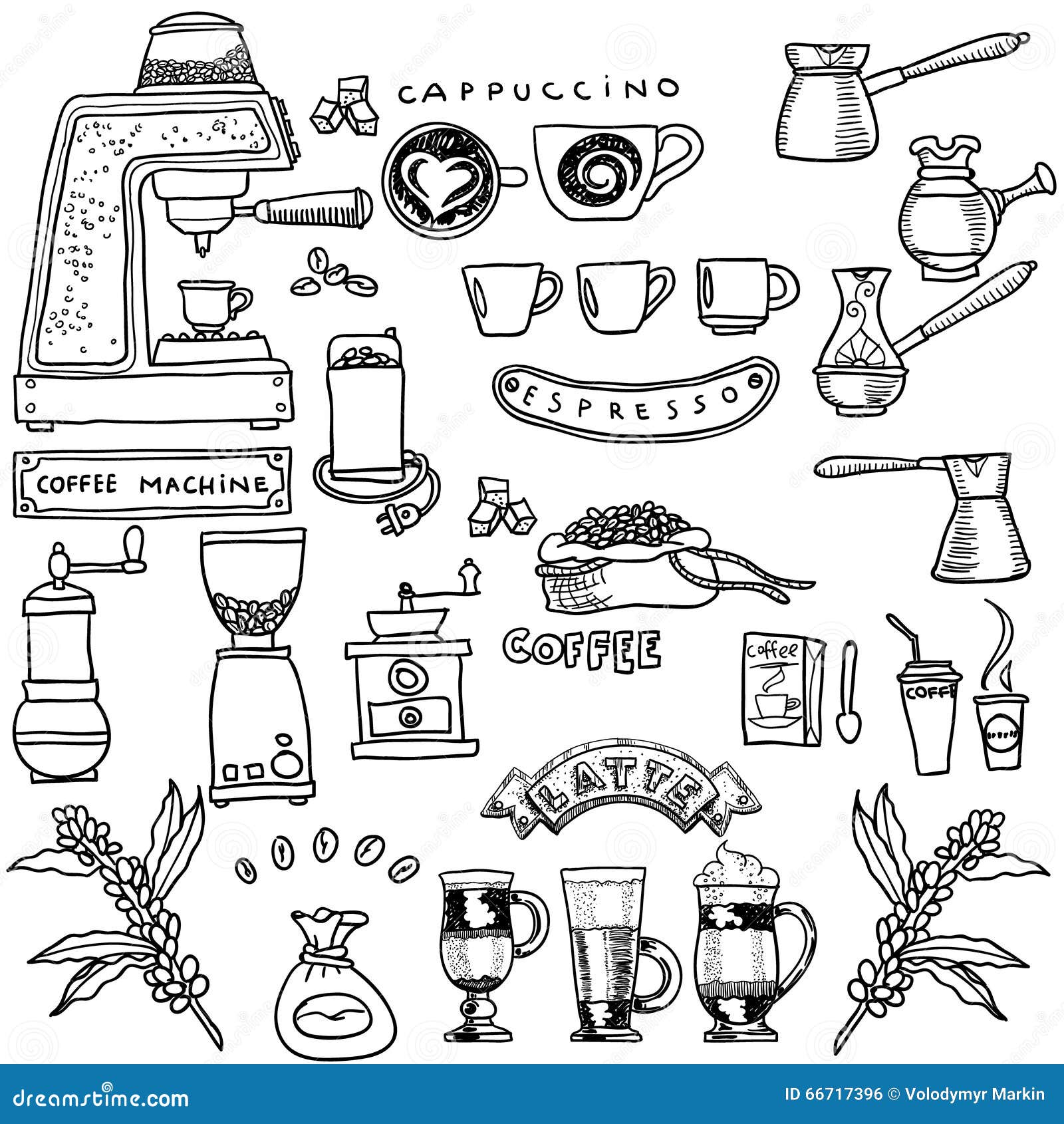 Coffee Hand Drawn Set. Vector Illustration Stock Vector - Illustration ...