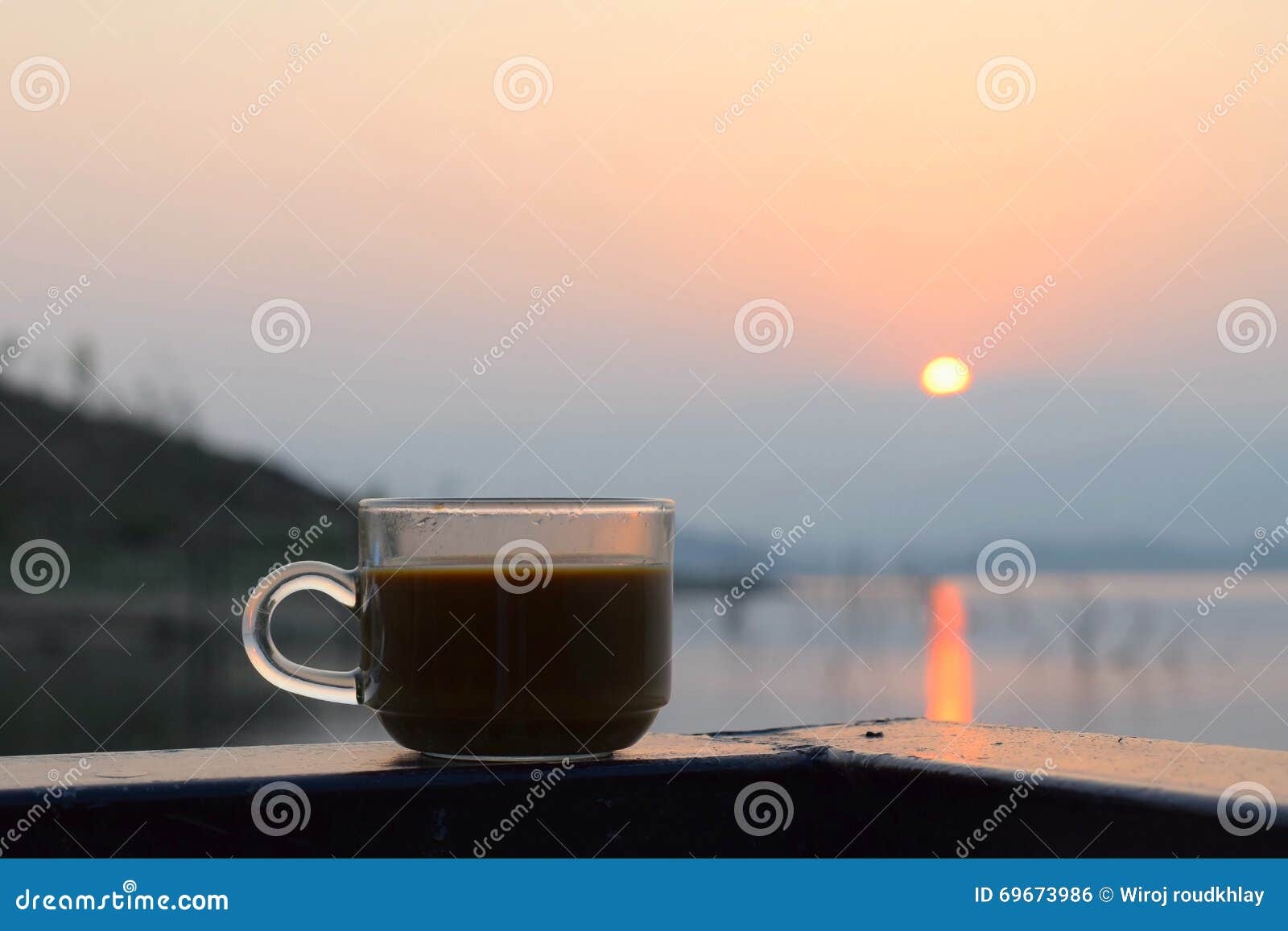 Morning Coffee Background Sunset with Mountain. Orange Sun Stock Photo ...