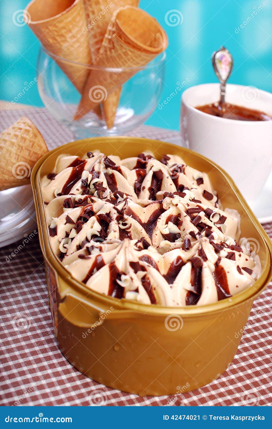 Coffee Ice Cream in Plastic Box and Cones Stock Image - Image of wafer ...