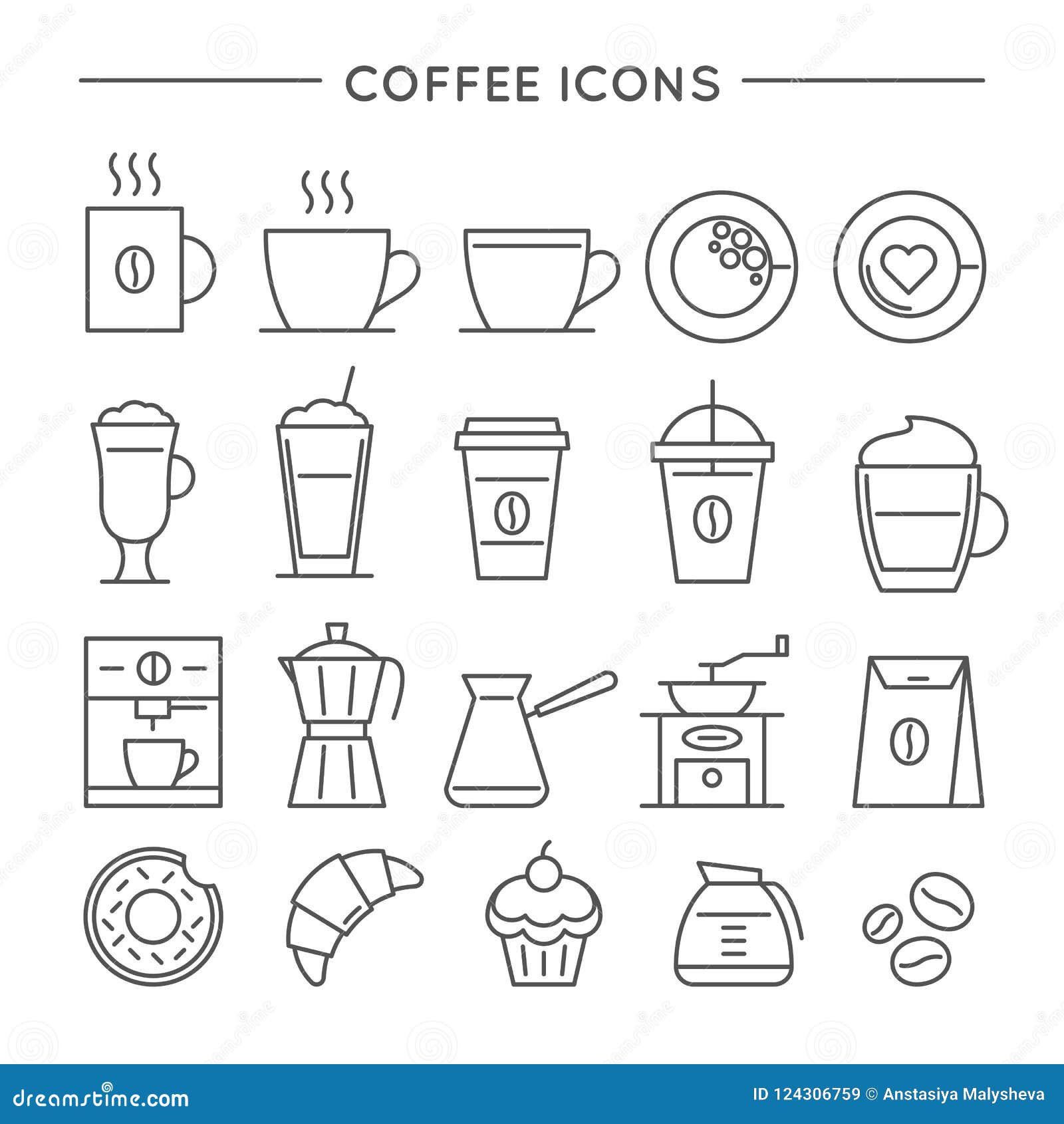 Coffee Icon Set in Thin Line Style Stock Vector - Illustration of ...
