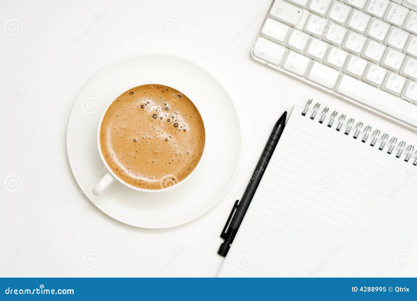 Coffee, Keyboard, Pencil, Notepad. Stock Image - Image of break, white ...