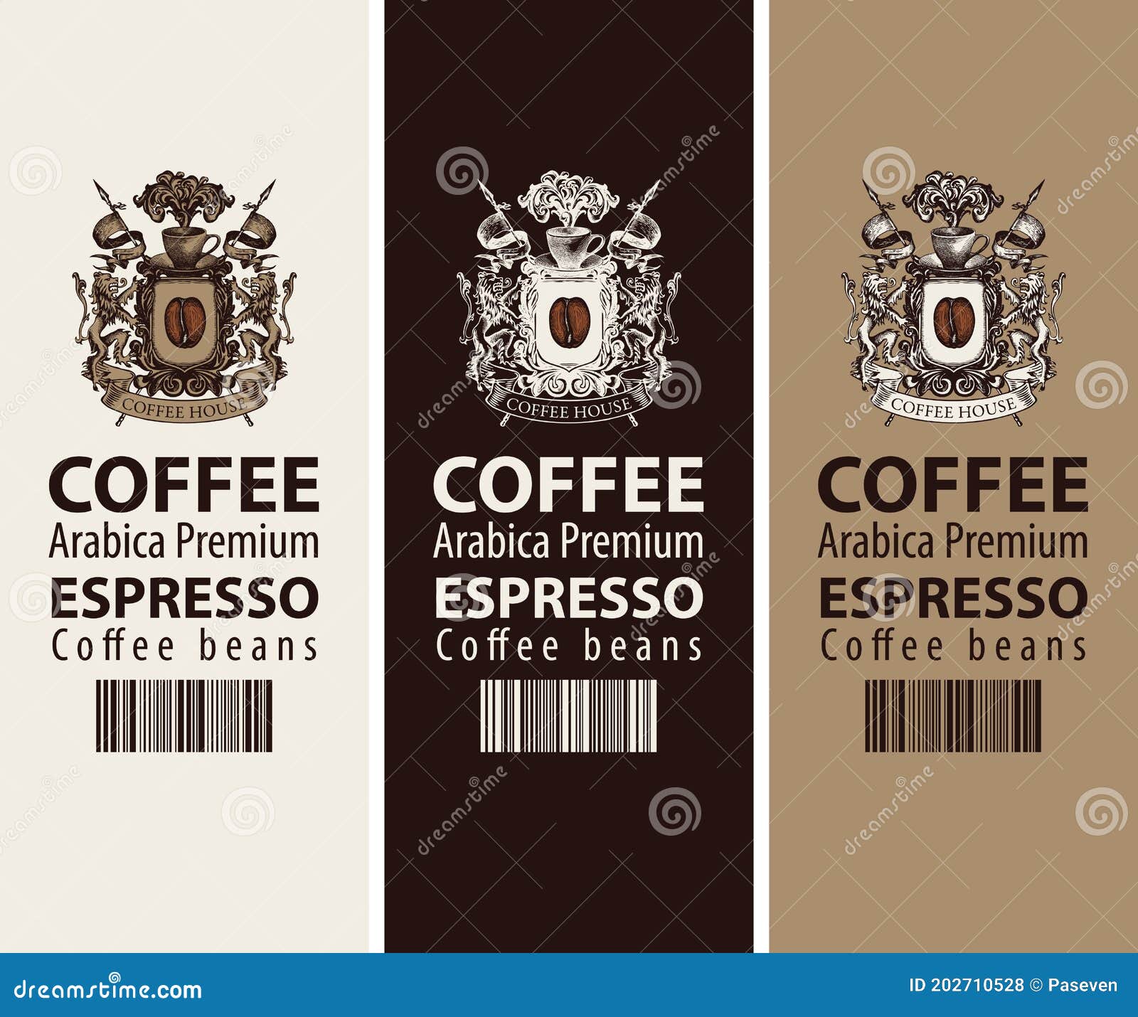 Coffee Labels with Coat of Arms and Barcode Stock Vector - Illustration ...