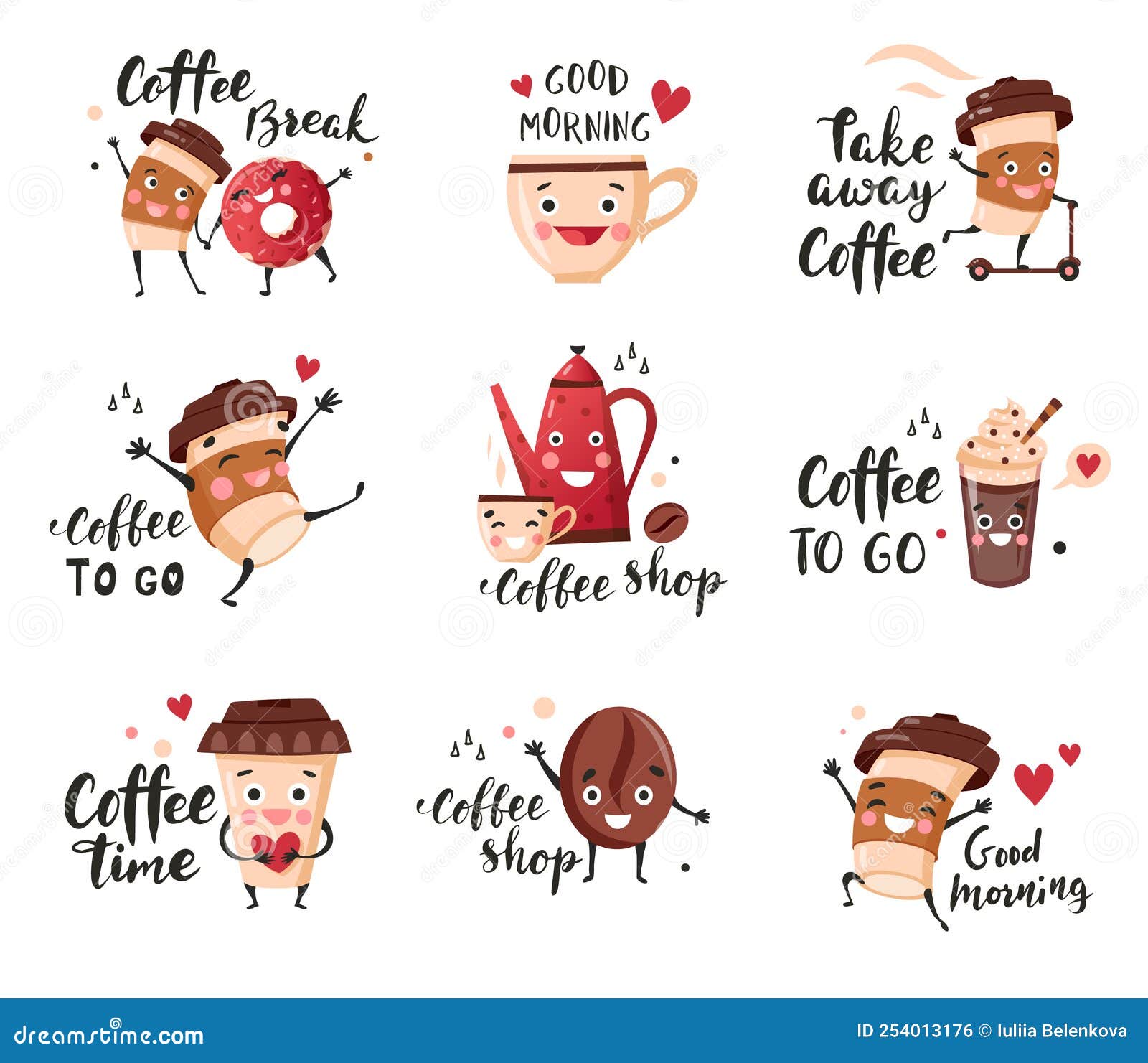 Coffee Labels with Cute Cups, Mugs and Hot Beverage Stock Vector ...