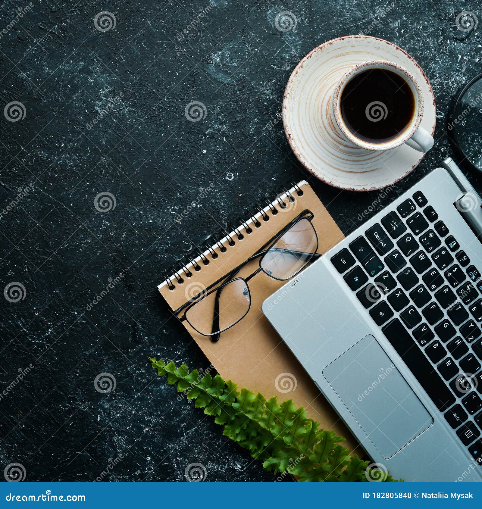 Coffee, Laptop and Office Tools on a Stone Black Table. Stock Photo ...