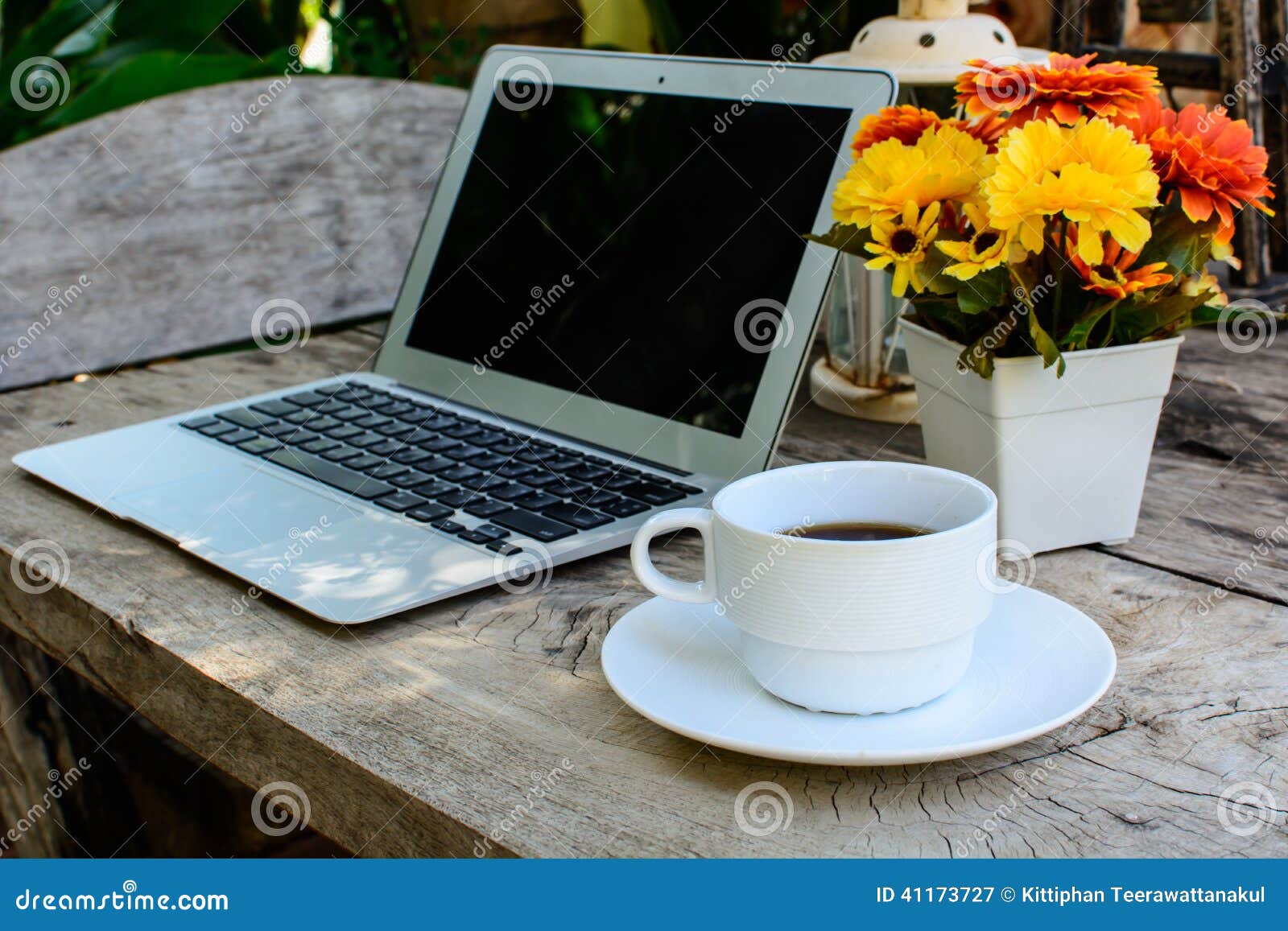 Coffee, Laptop on Wood Floor with Flower Stock Image - Image of ...