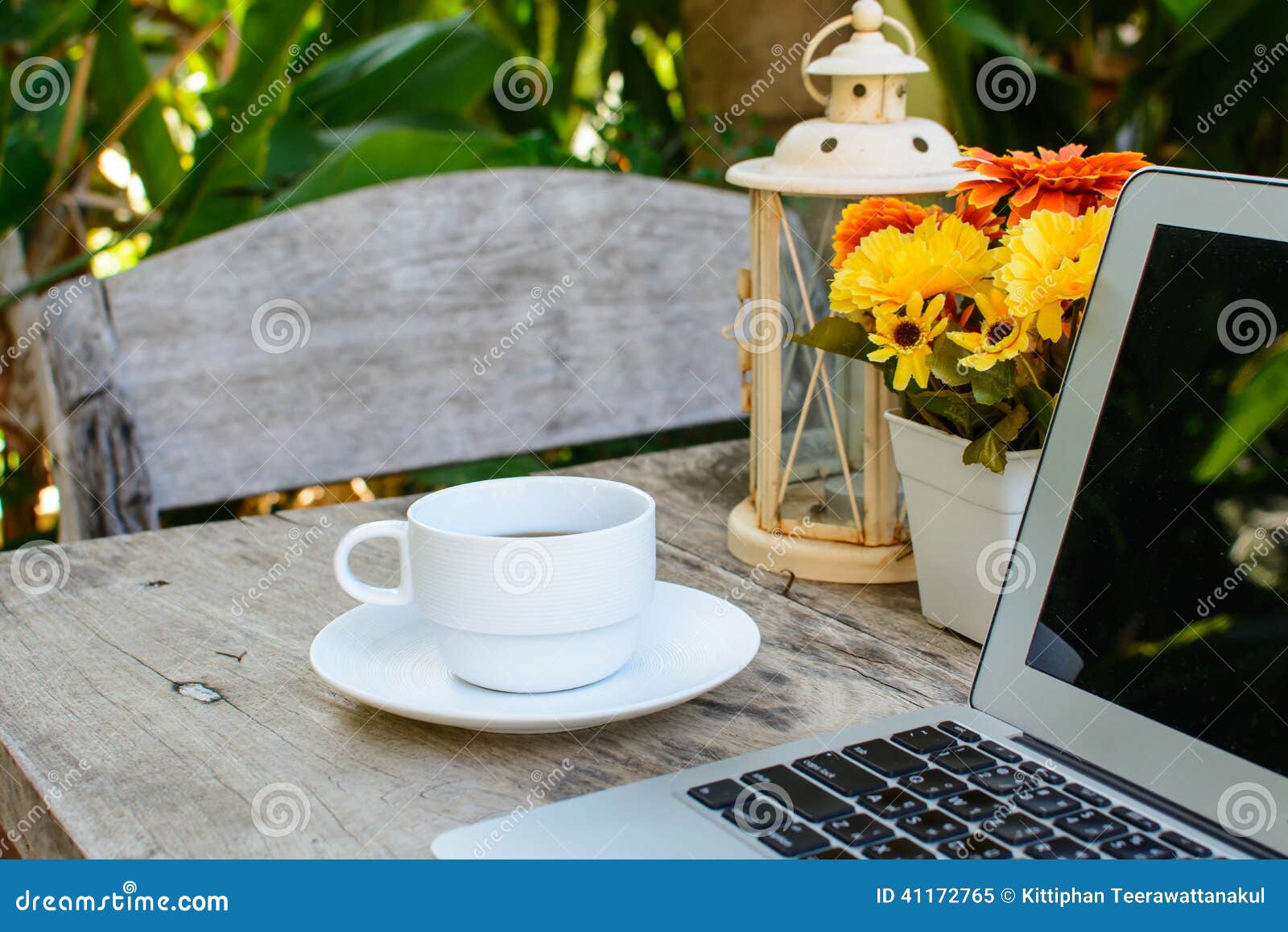 Coffee, Laptop on Wooden Table with Flower Stock Image - Image of ...