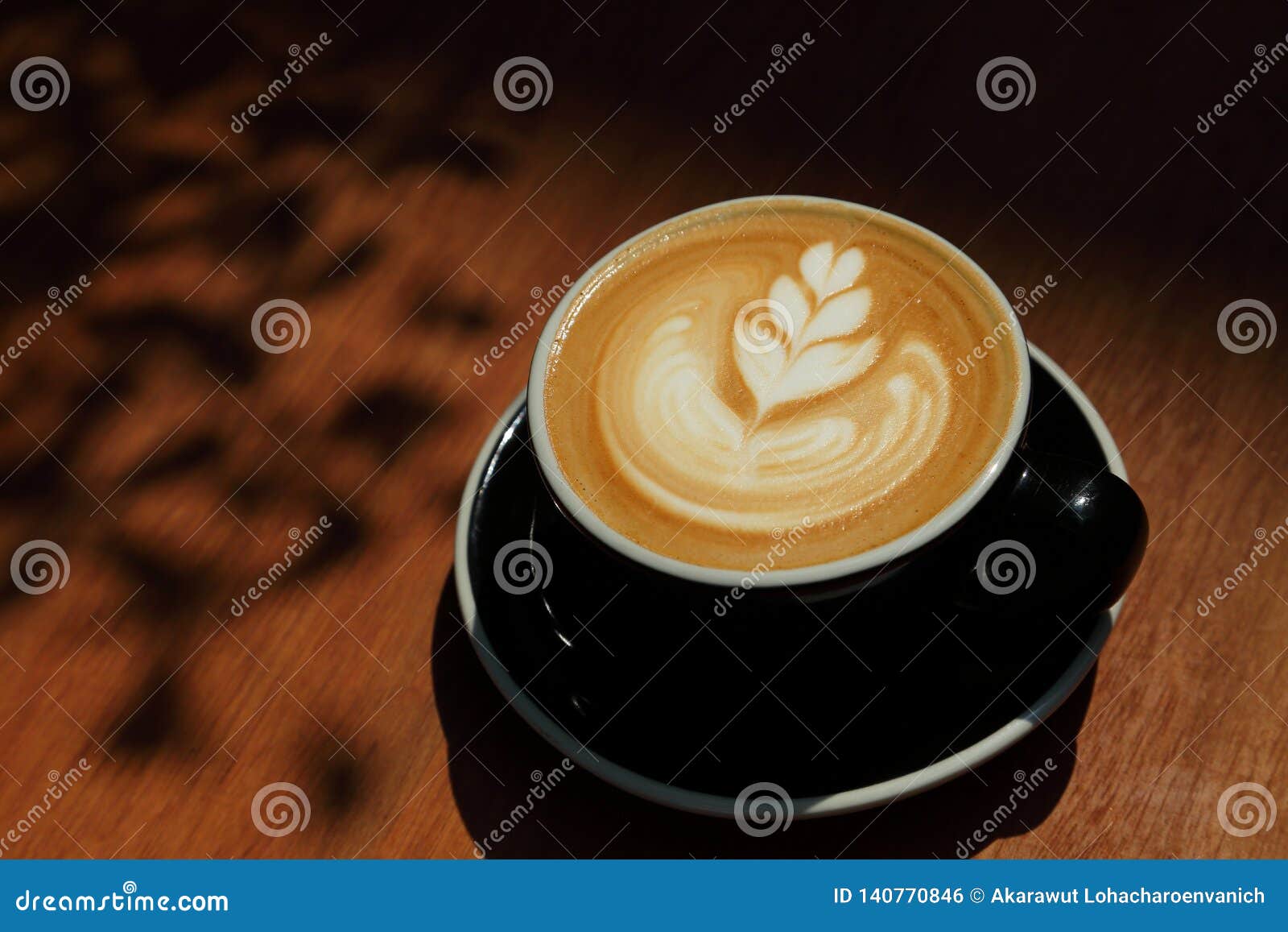 Coffee Latte Art with Tulip Pattern on Top on Rustic Wooden Table Bar ...