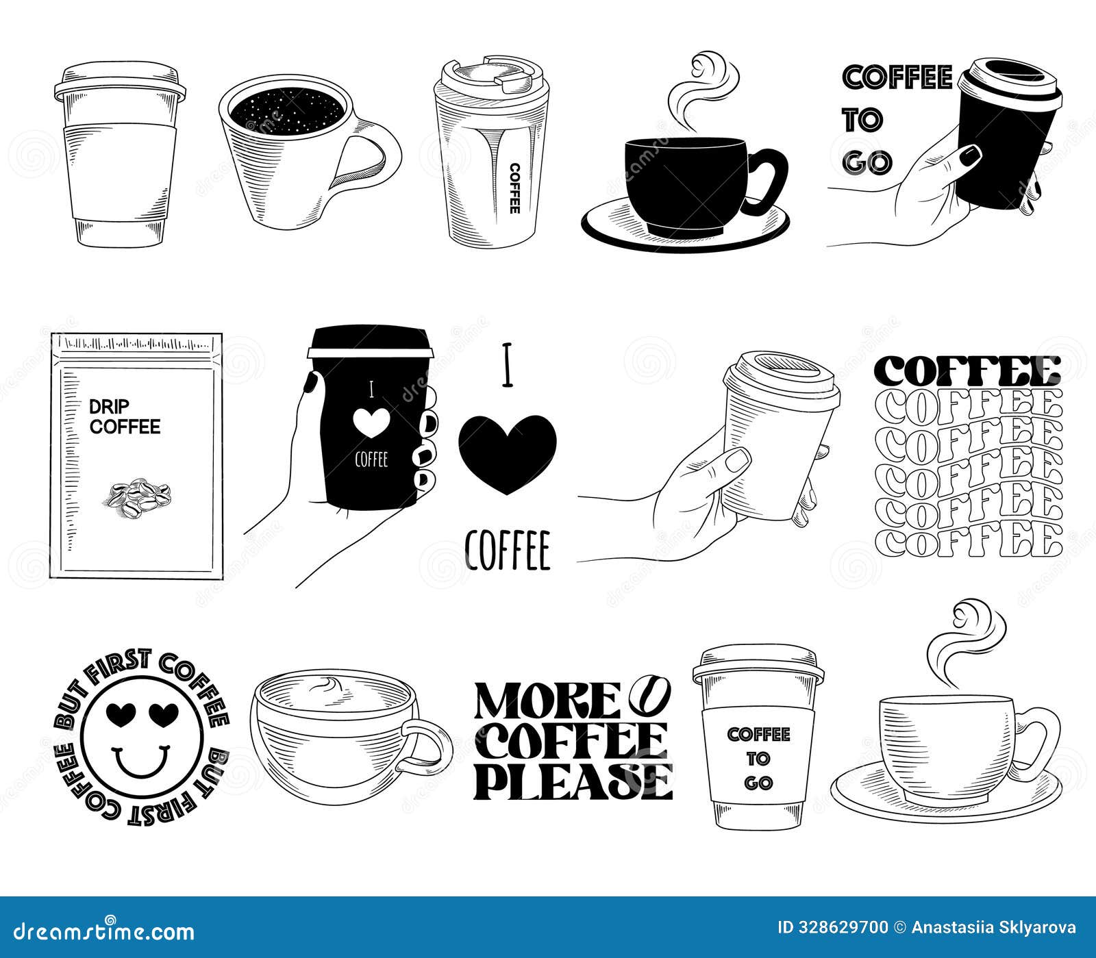 Coffee Line Drawing Illustrations, Coffee Beans, Cup of Coffee, Hand ...