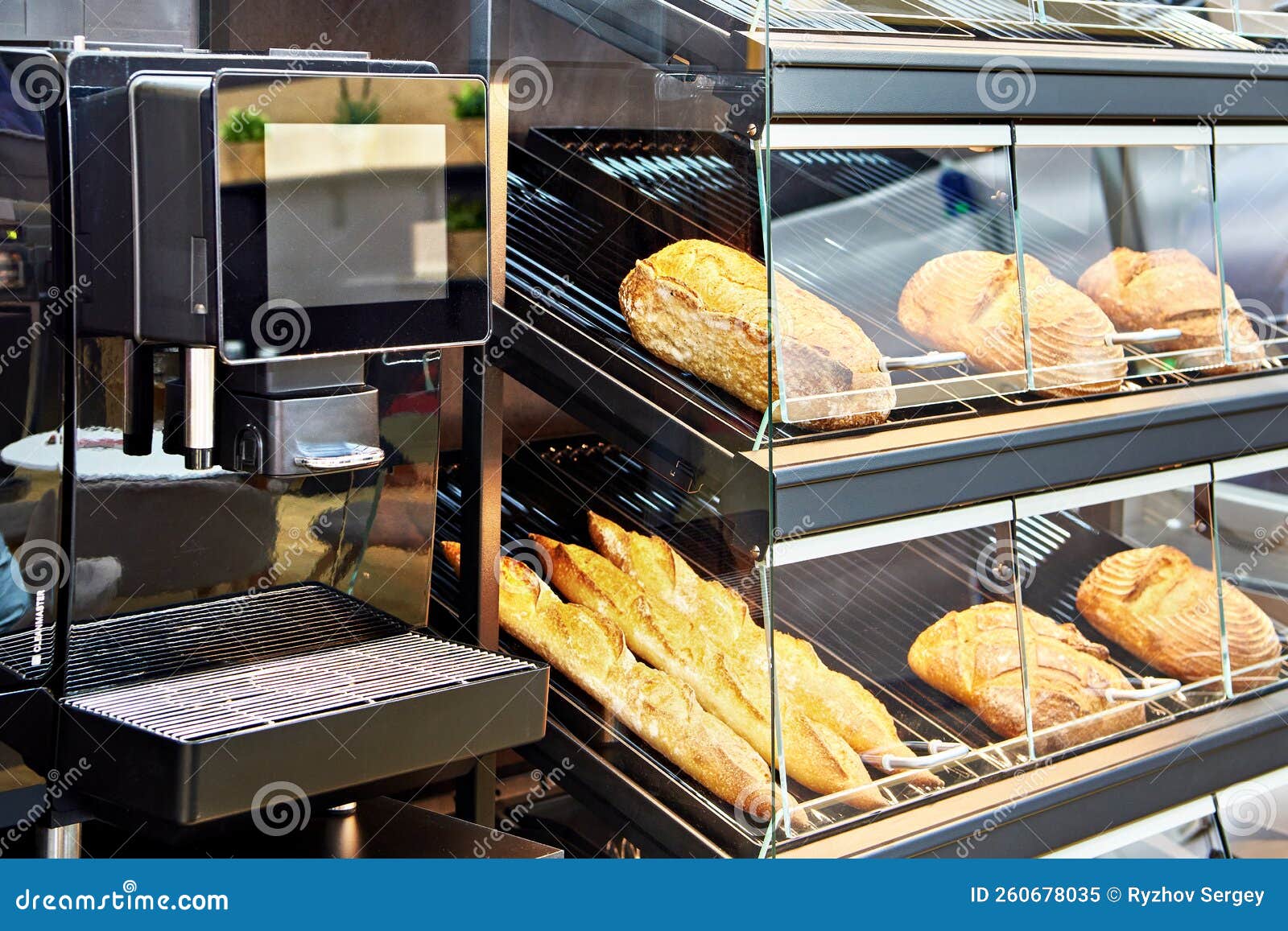 Coffee Machine Bread and Croissants in Store Stock Image - Image of ...