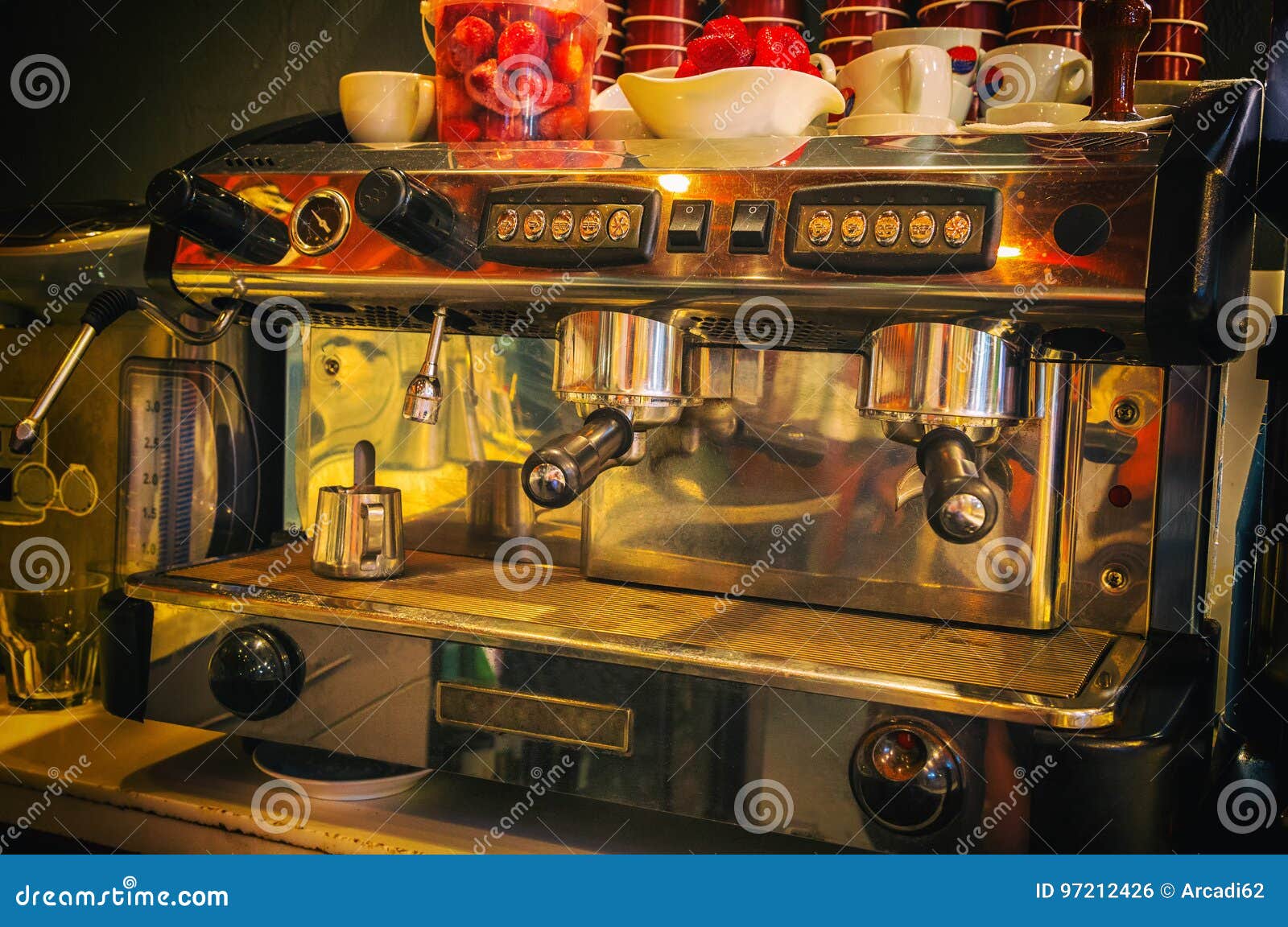 Coffee machine in cafe stock photo. Image of morning - 97212426