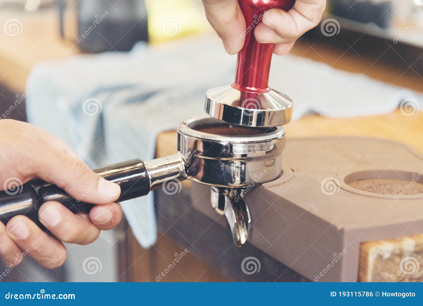 Coffee Machine Make a Black Coffee Close Up Hand Crushing Coffee Powder ...