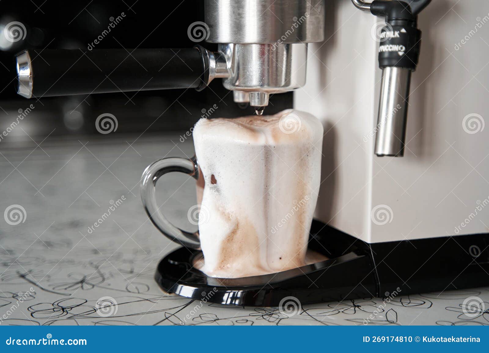 Coffee Machine Overfilled Cup with Coffee Close Up Stock Photo - Image ...