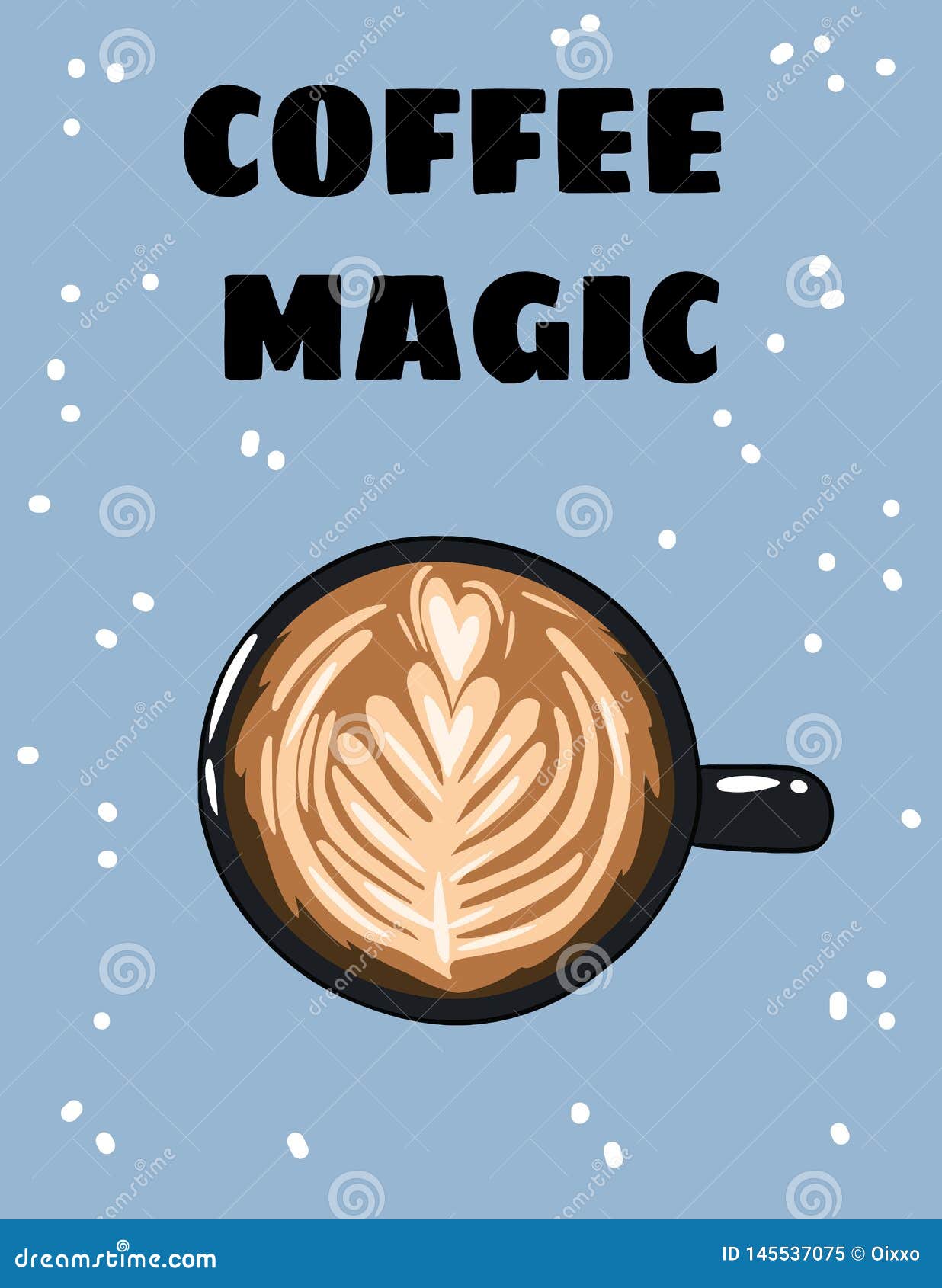 Coffee Magic Poster with Cup of Coffee. Hand Drawn Cute Cartoon Style ...
