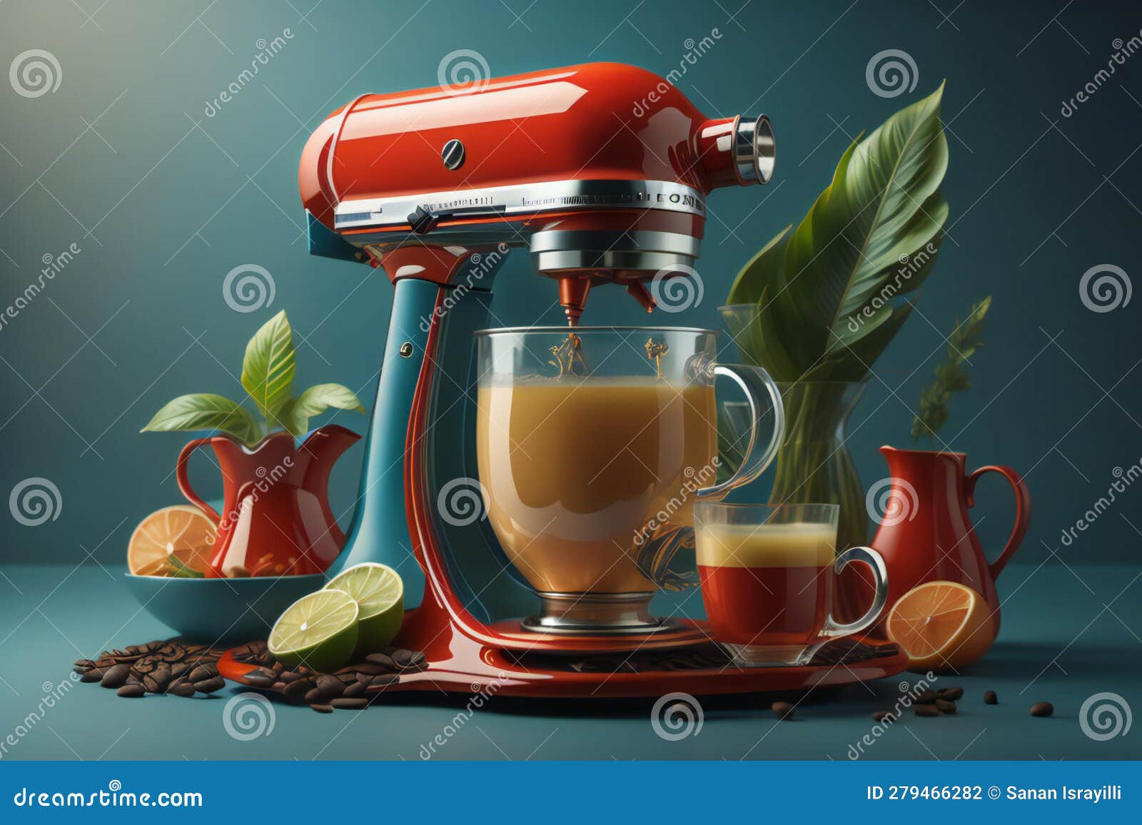 Coffee Maker with Cup of Coffee and Fruits on Blue Background ...