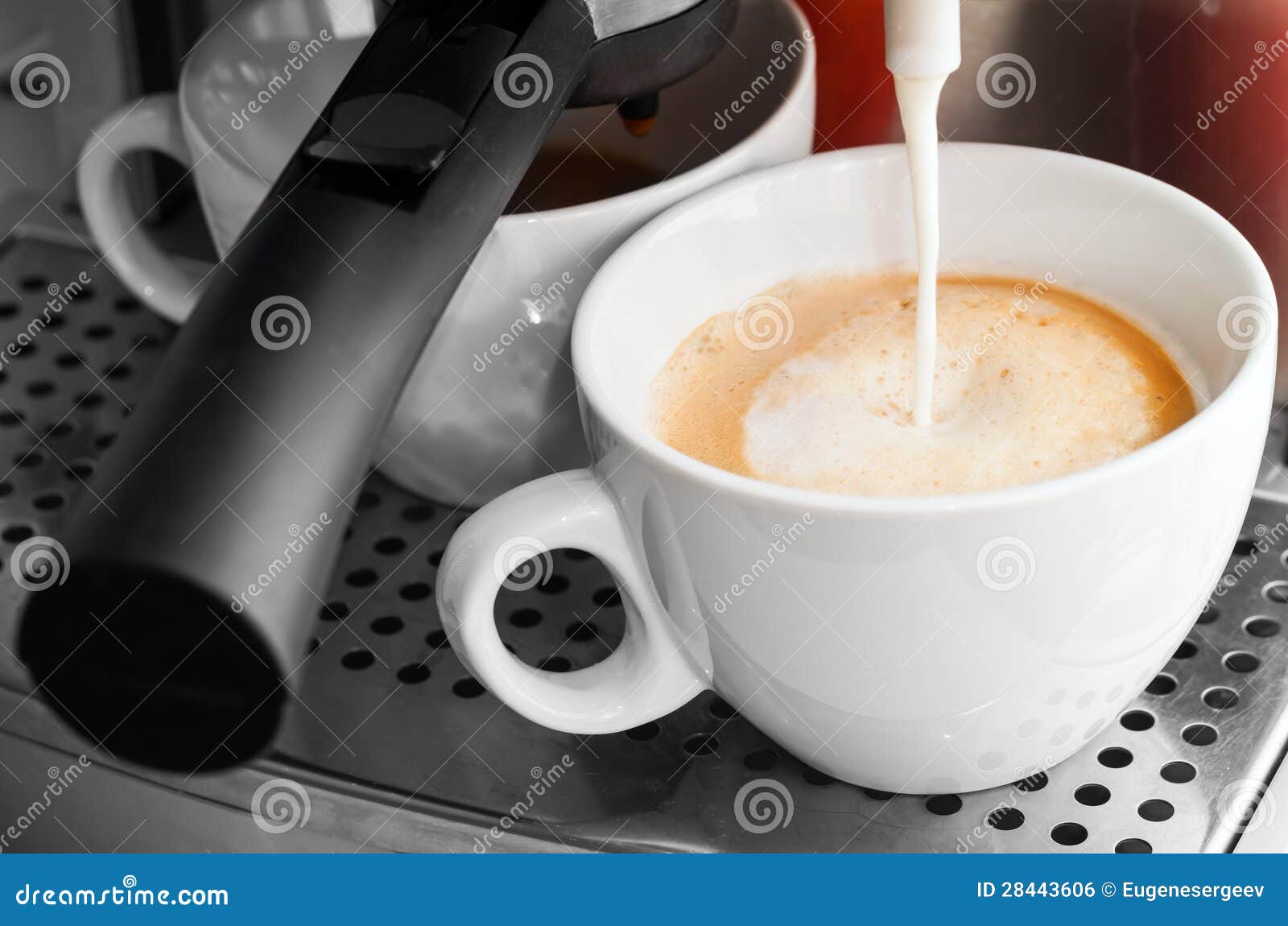 Coffee Maker Pouring Hot Milk in White Cup Stock Photo - Image of ...
