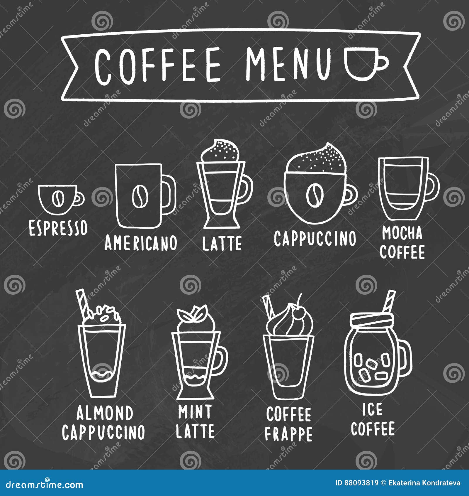 Coffee Menu. Chalk Drawing on a Blackboard Stock Vector - Illustration ...