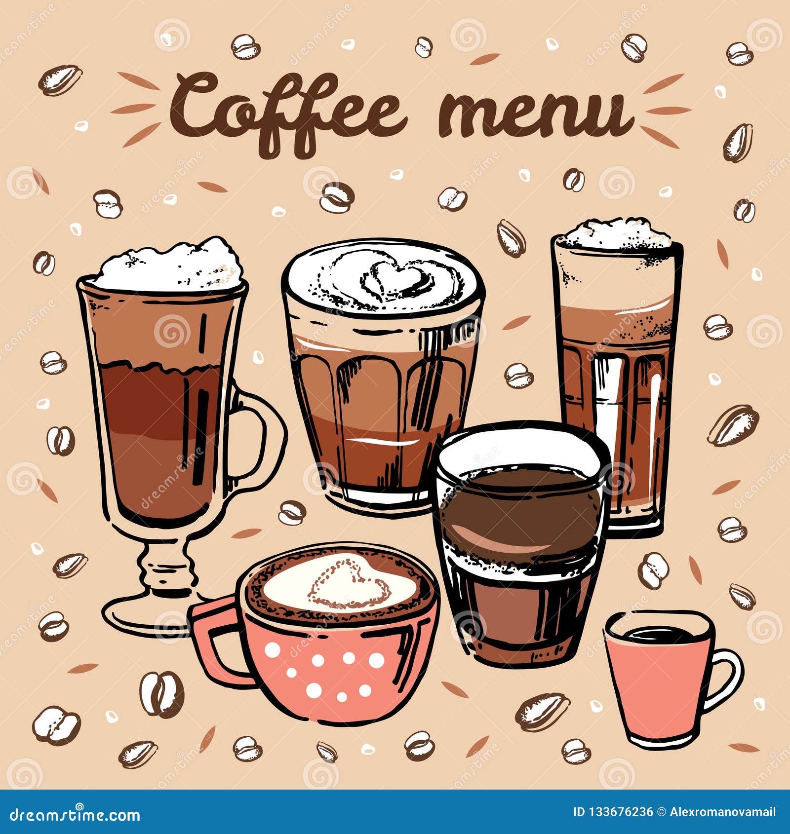 Coffee Menu Color Set. Hand Drawn Vector Sketch of Different Types of ...