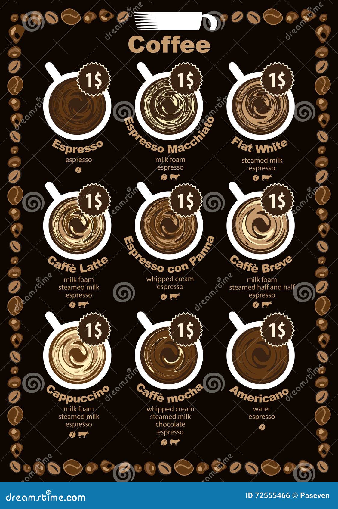 Coffee menu with price stock vector. Illustration of brochure - 72555466