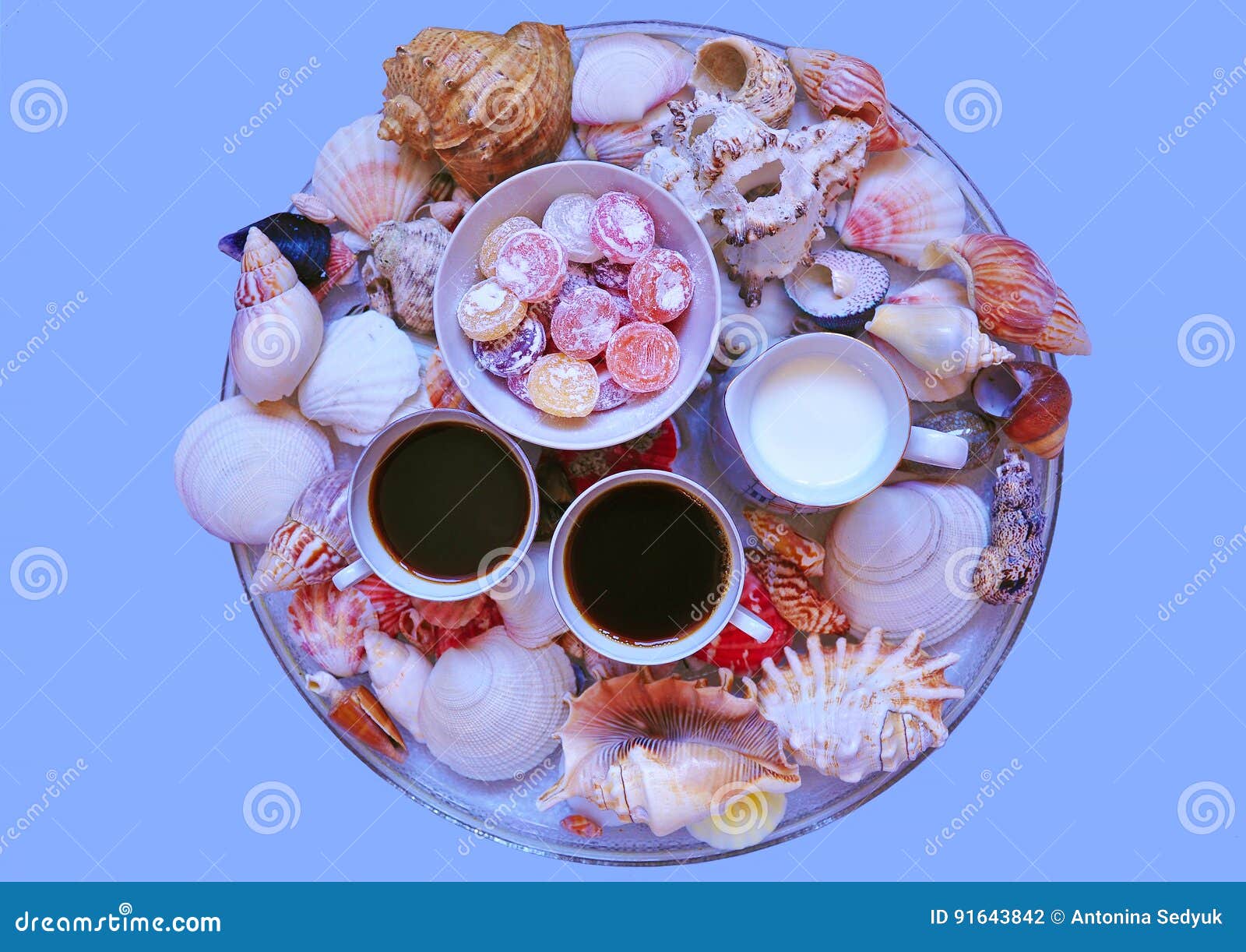 Coffee, Milk, Sweets and Sea Shells Stock Photo - Image of coffee ...