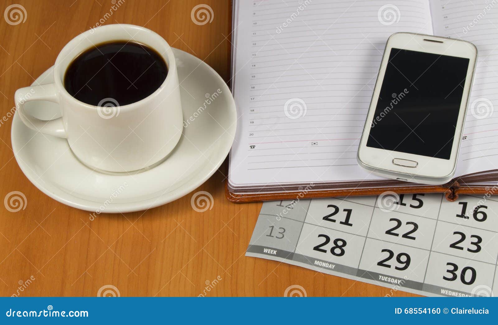 Coffee, Mobile Phone, Diary and Calendar on the Desktop. Space for Text ...
