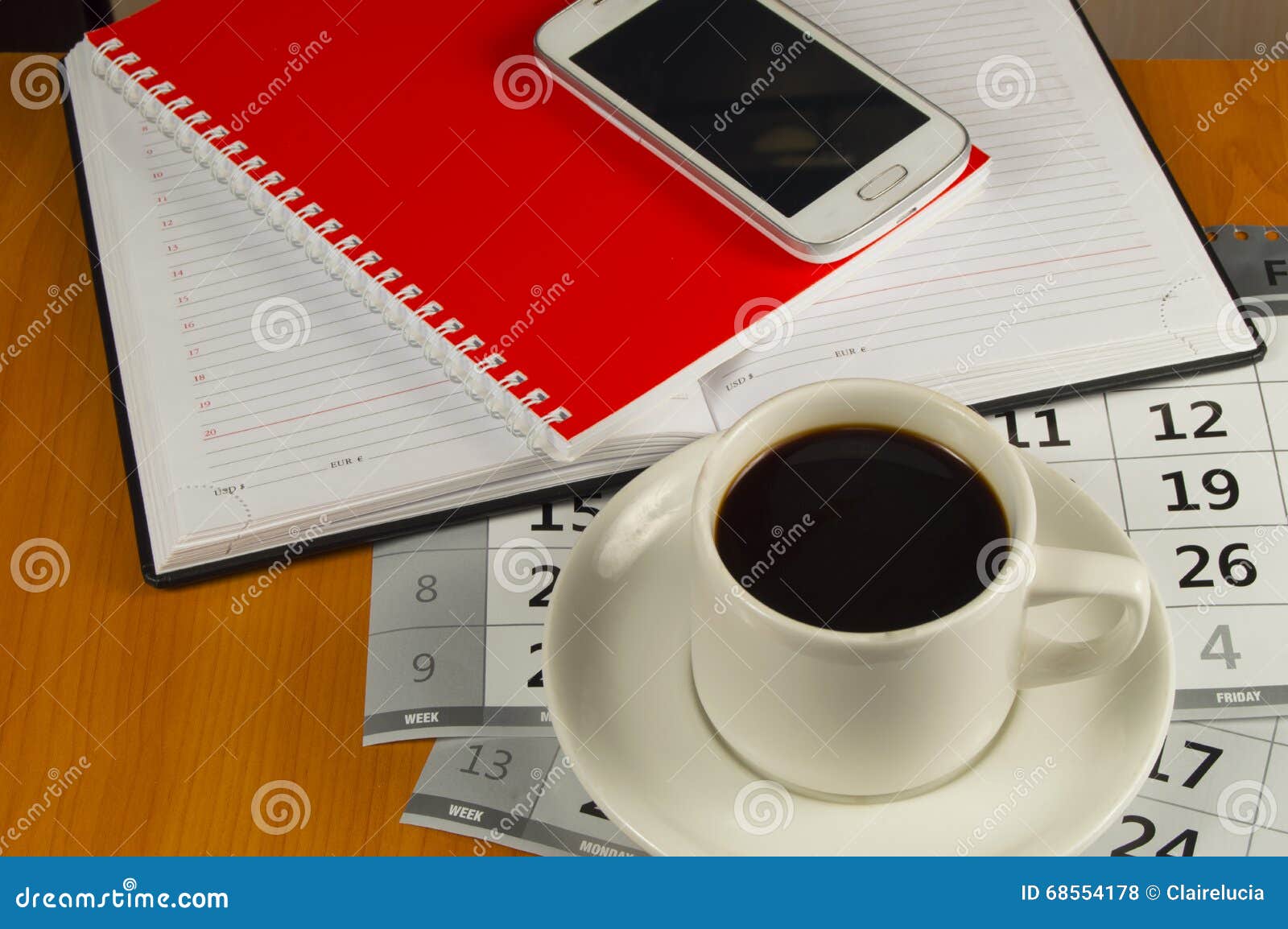 Coffee, Mobile Phone, Diary and My Red Notebook on the Desktop. Space ...