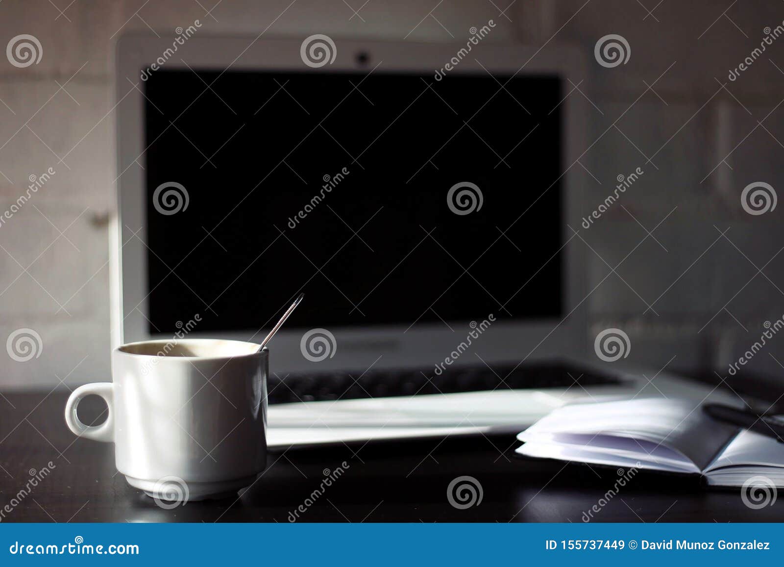 Coffee Mug on a Desk, with a Laptop and a Notebook Stock Image - Image ...