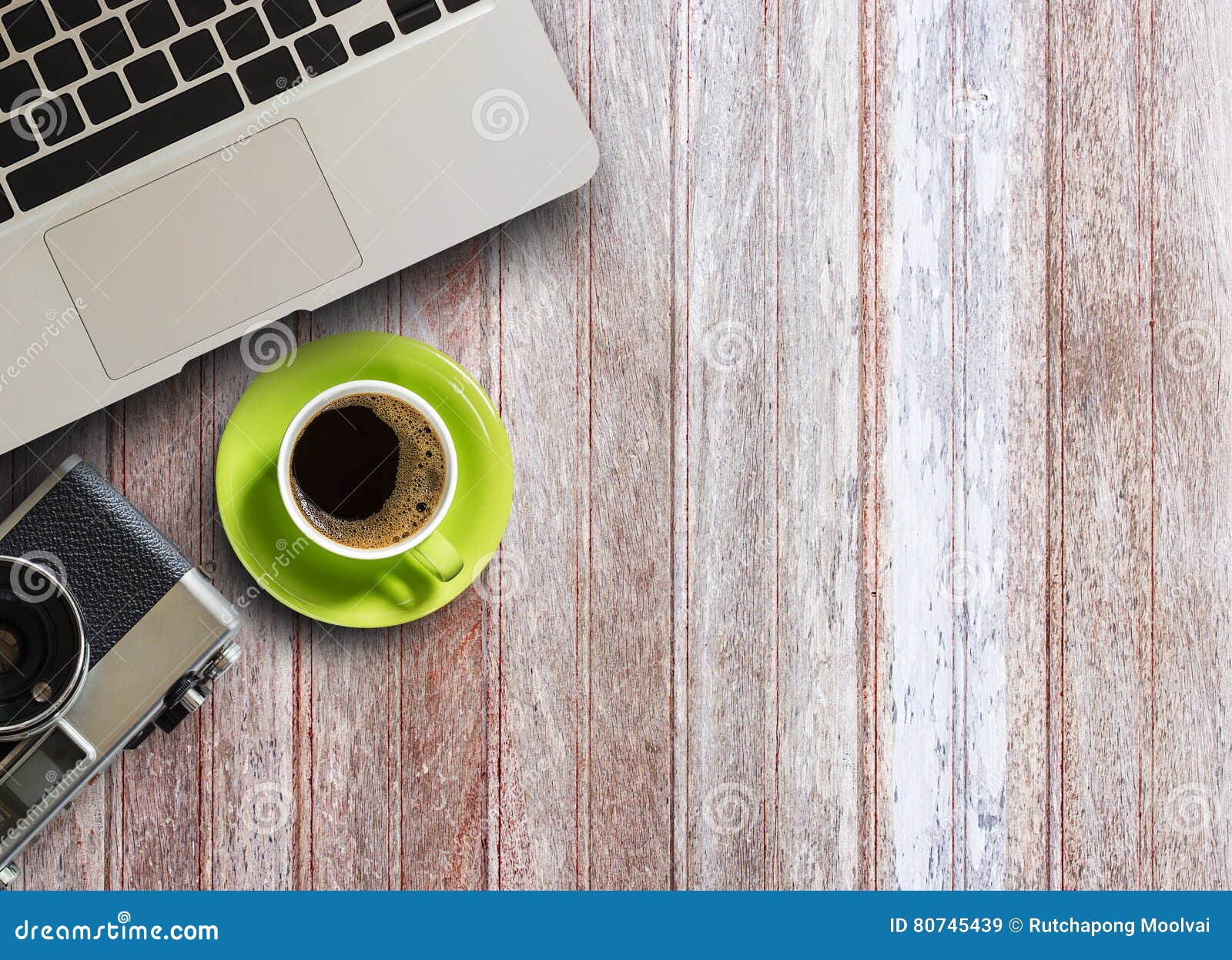 Coffee Mug, Laptop Computer and Old Camera on Wooden Stock Image ...