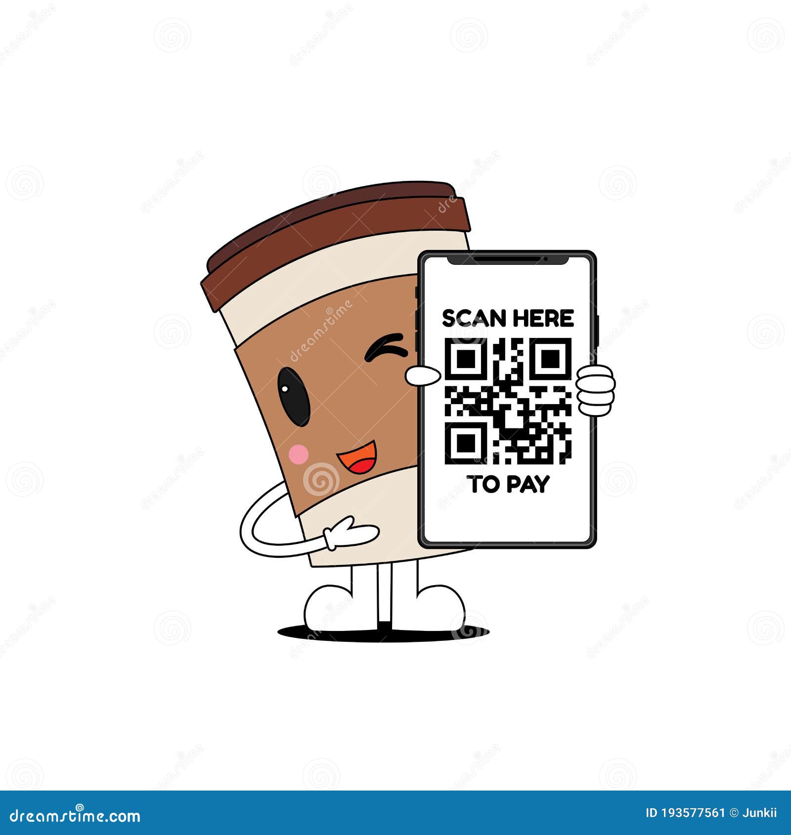 Coffee Mug Cartoon Show Smartphone with QR Code on Screen Flat Vector ...
