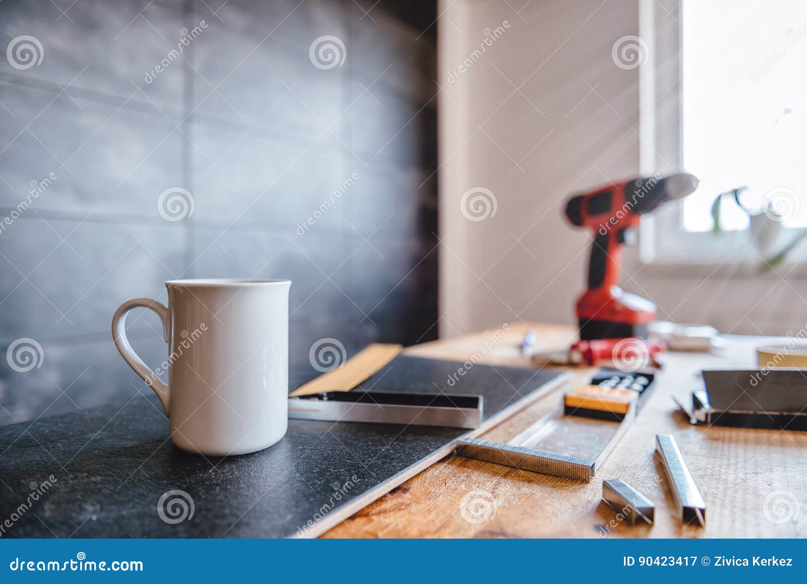 Coffee Mug on Table with Tools Stock Image - Image of installing, angle ...