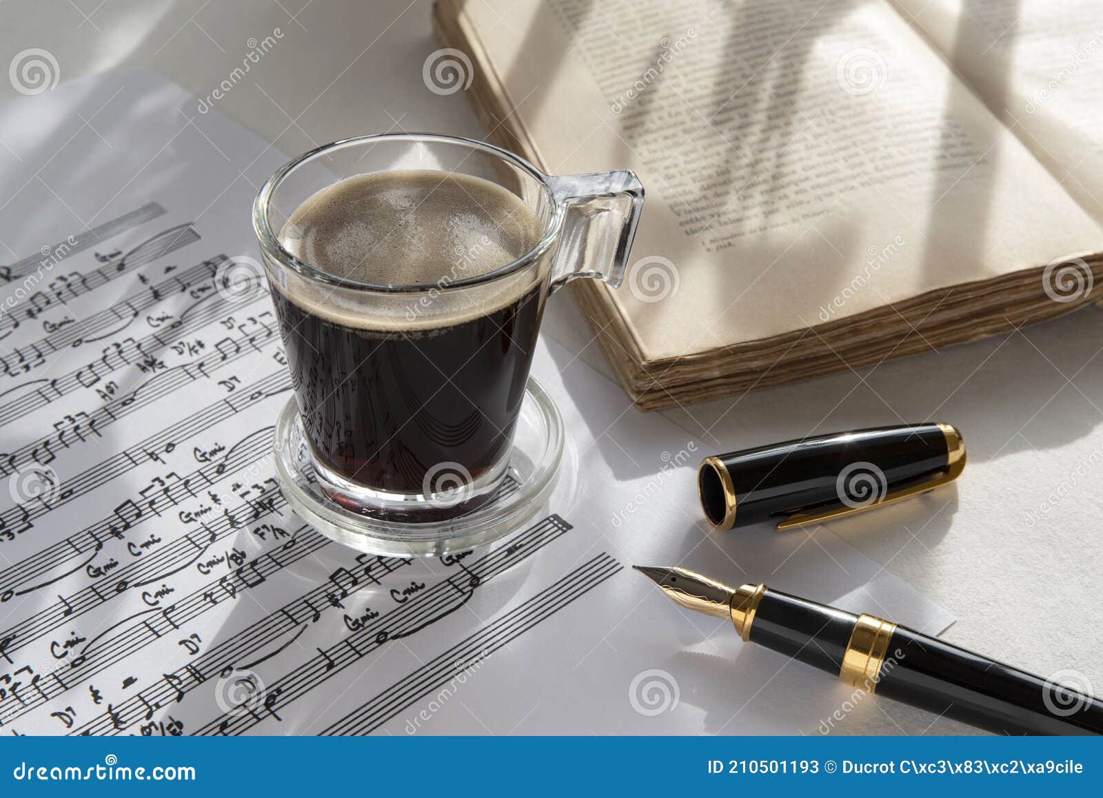 Coffee on a musical score stock image. Image of artist - 210501193