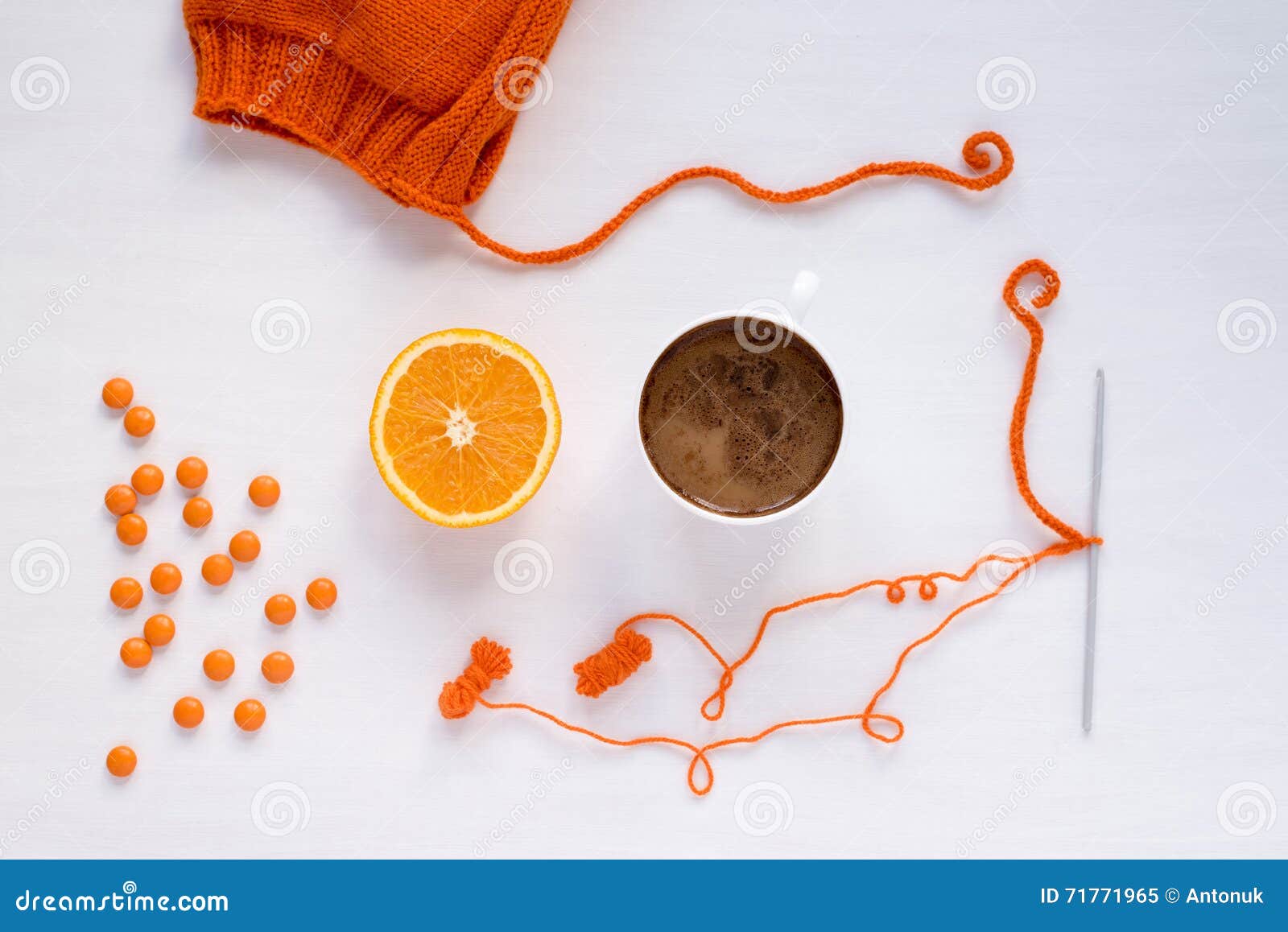 Coffee, Orange and Handmade Hat on White Background Stock Image - Image ...
