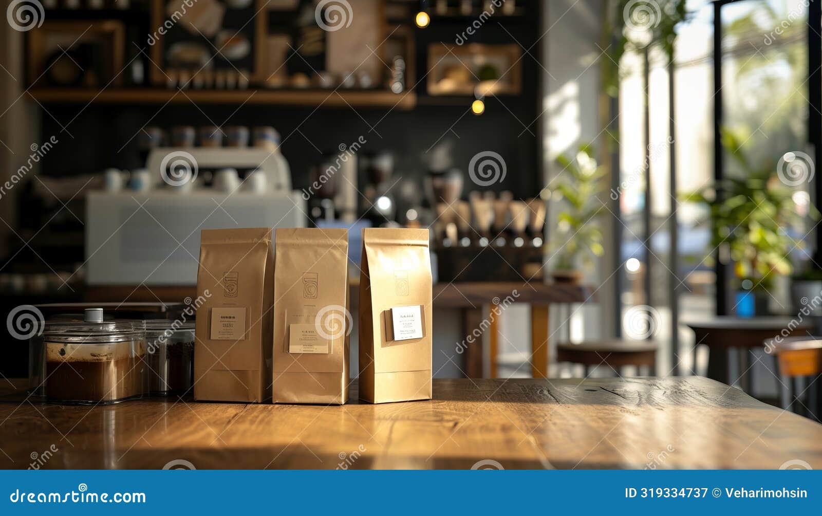 Coffee Package Show Case on Table at Cafe Stock Illustration ...